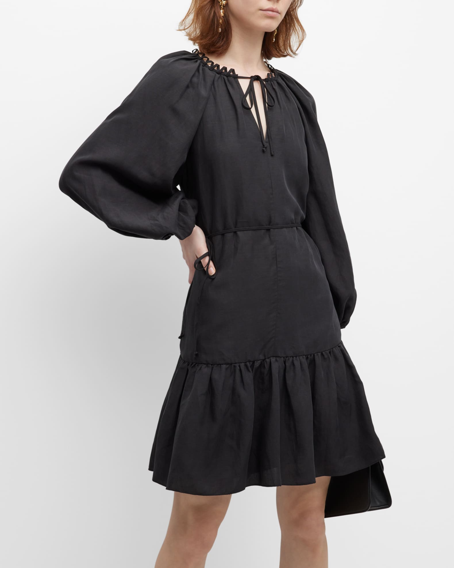 Kobi Halperin Ruby Blouson-Sleeve Keyhole Linen Midi Dress | Neiman Marcus