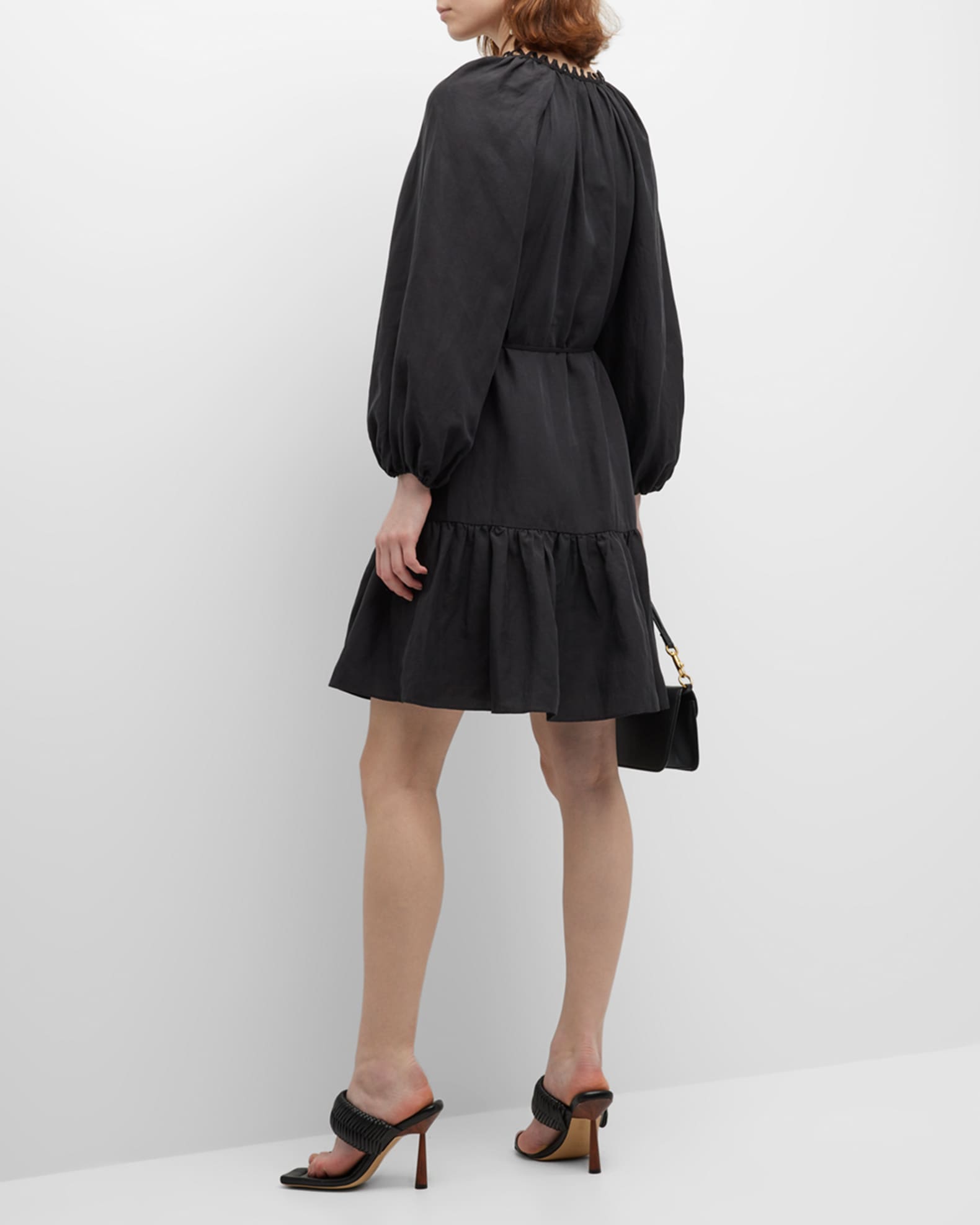 Kobi Halperin Ruby Blouson-Sleeve Keyhole Linen Midi Dress | Neiman Marcus