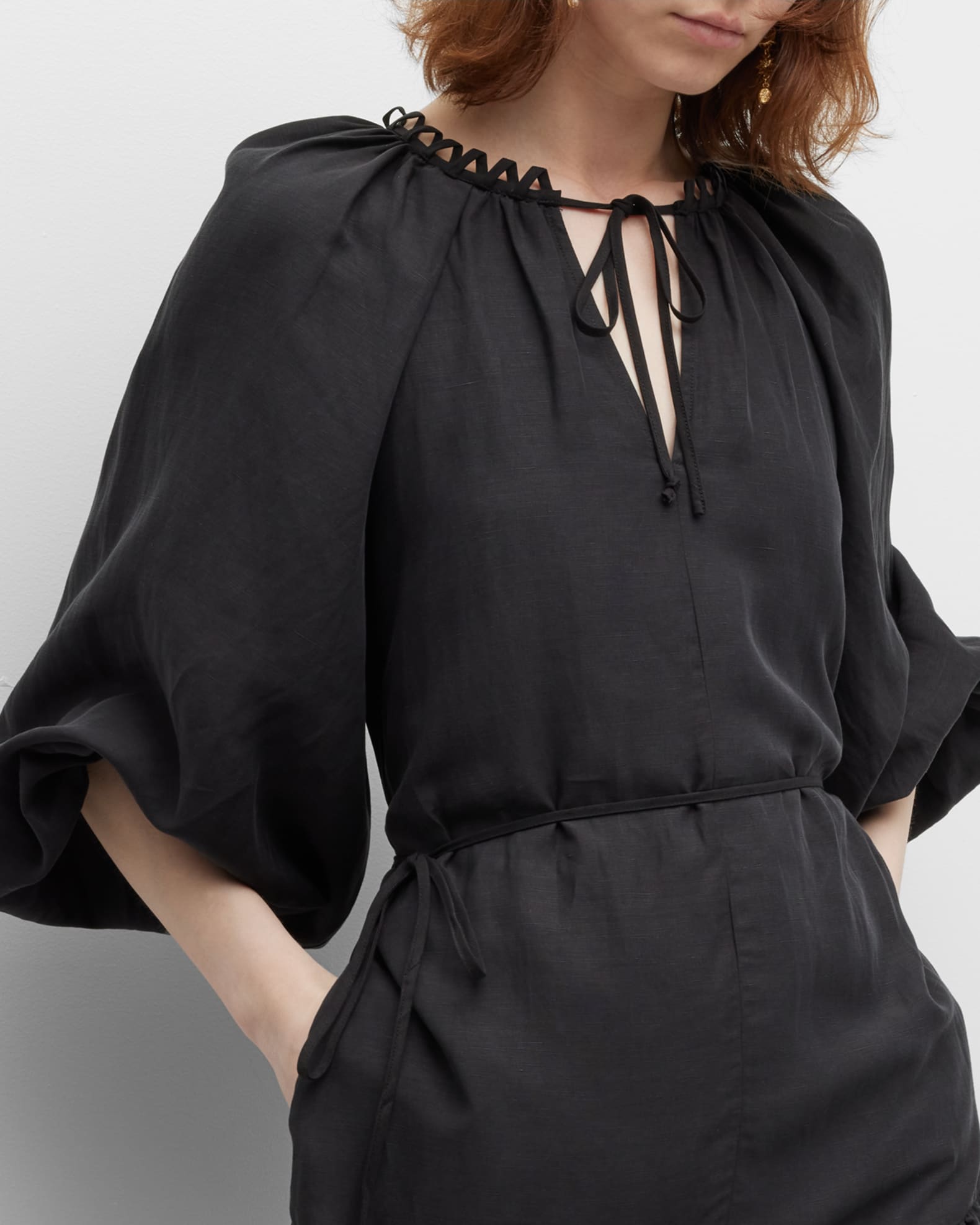 Kobi Halperin Ruby Blouson-Sleeve Keyhole Linen Midi Dress | Neiman Marcus