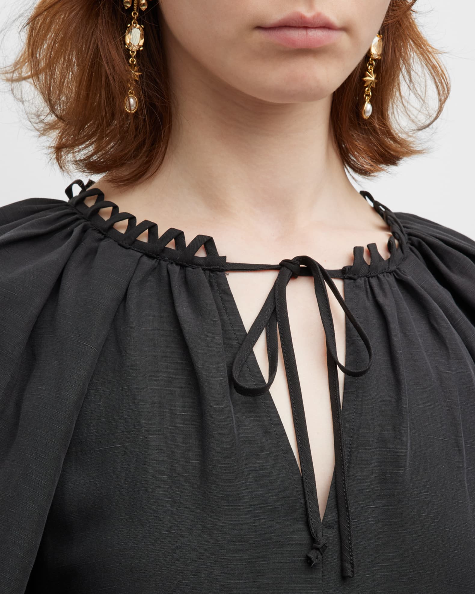 Kobi Halperin Ruby Blouson-Sleeve Keyhole Linen Midi Dress | Neiman Marcus