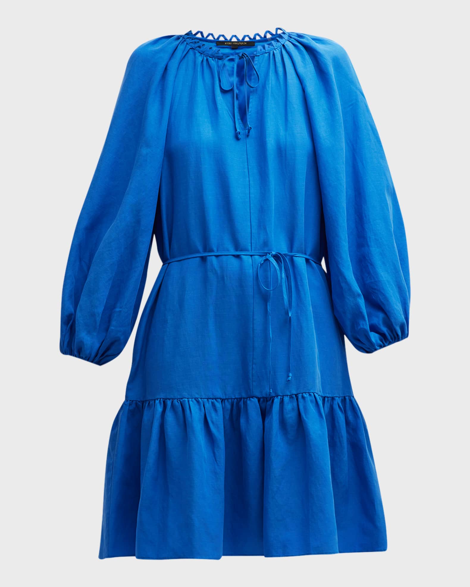 Kobi Halperin Ruby Blouson-Sleeve Keyhole Linen Midi Dress | Neiman Marcus