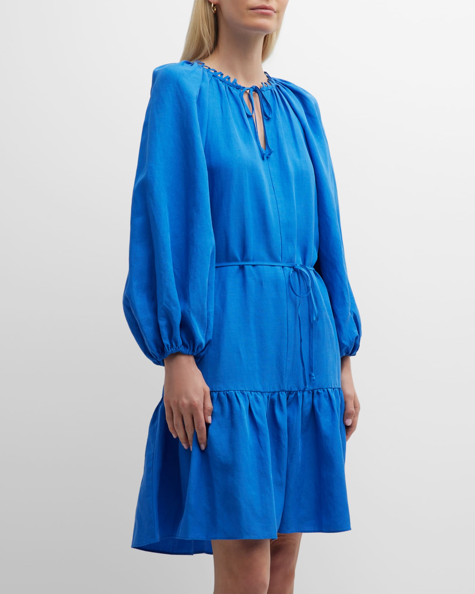 Kobi Halperin Ruby Blouson-Sleeve Keyhole Linen Midi Dress | Neiman Marcus