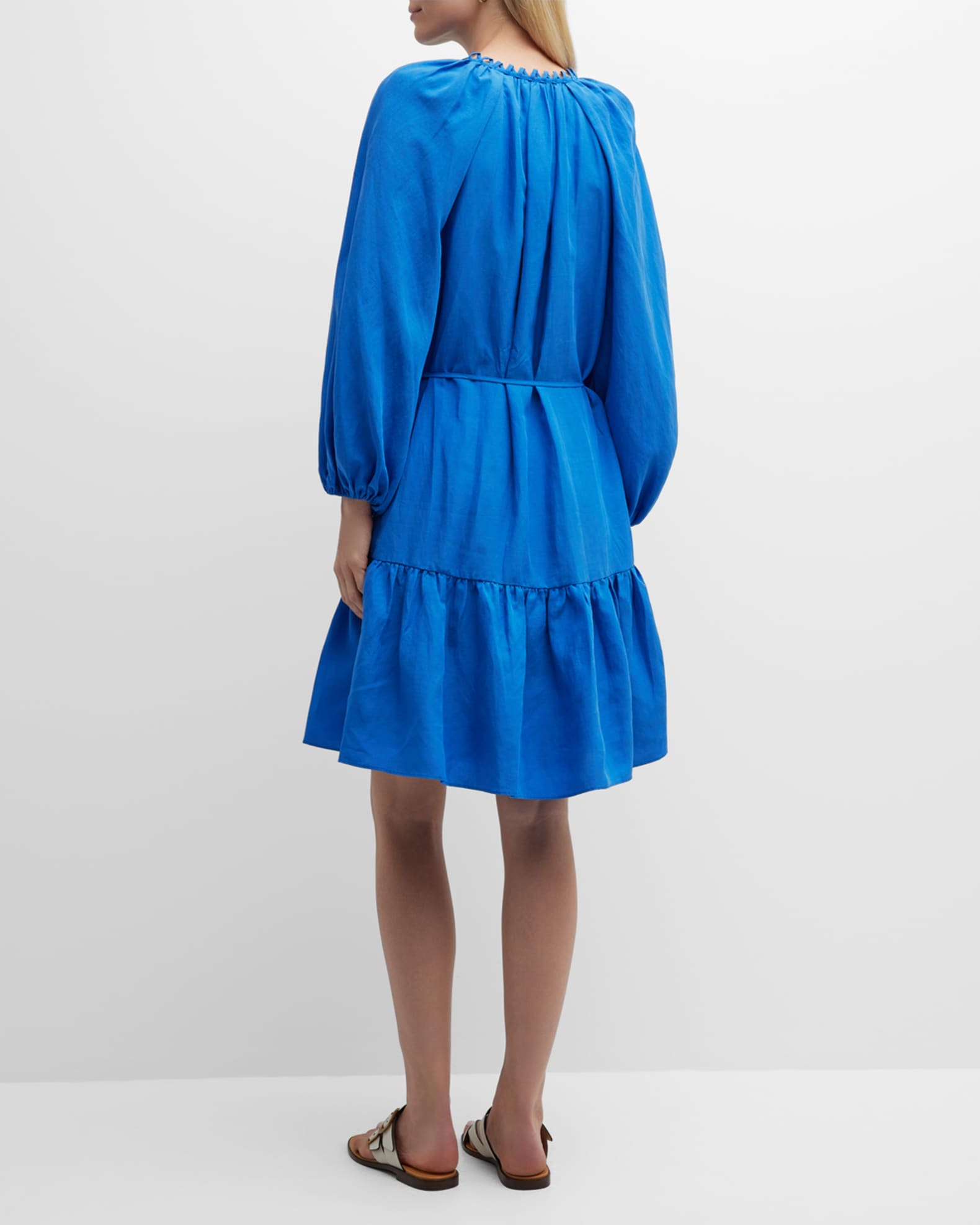 Kobi Halperin Ruby Blouson-Sleeve Keyhole Linen Midi Dress | Neiman Marcus