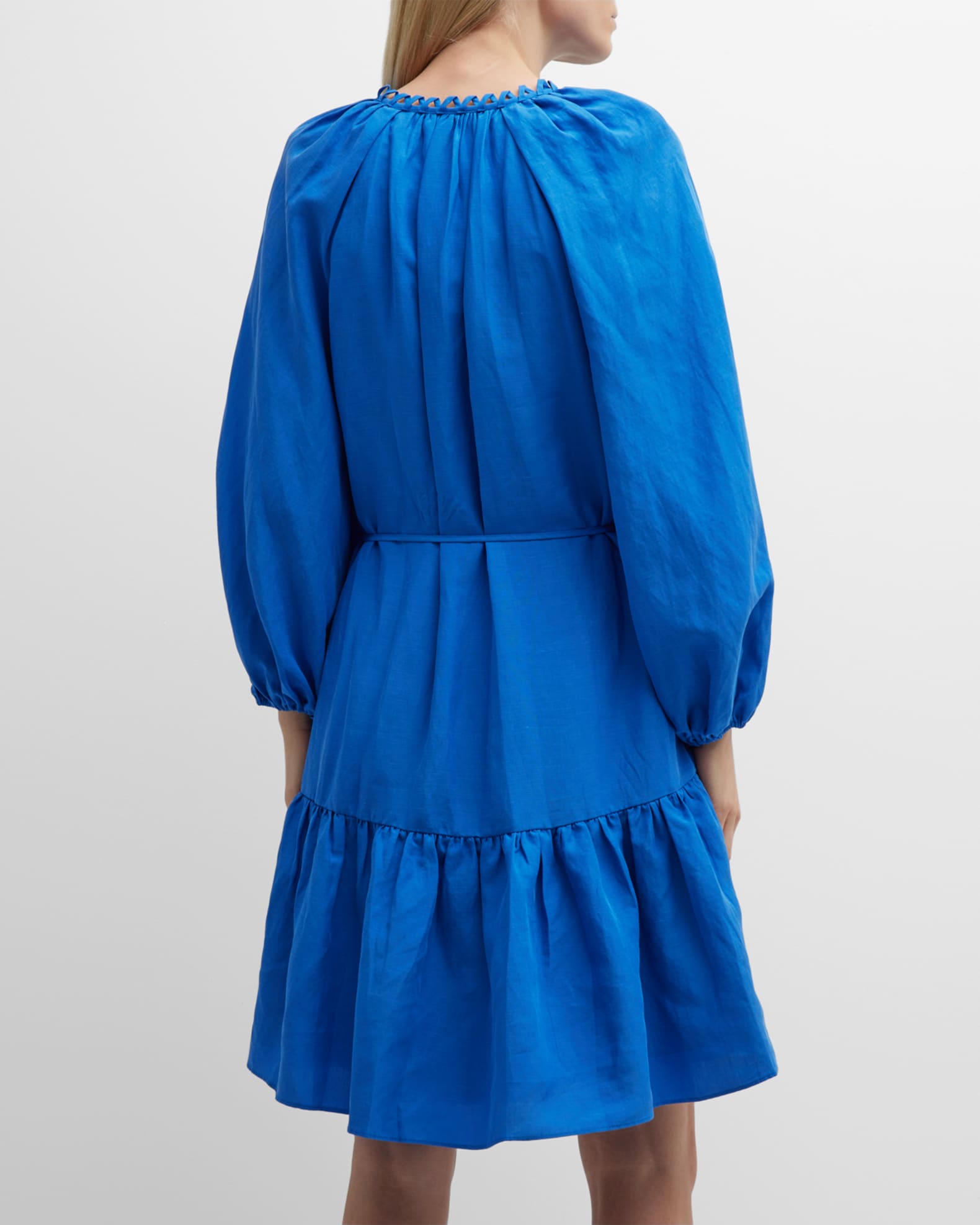 Kobi Halperin Ruby Blouson-Sleeve Keyhole Linen Midi Dress | Neiman Marcus