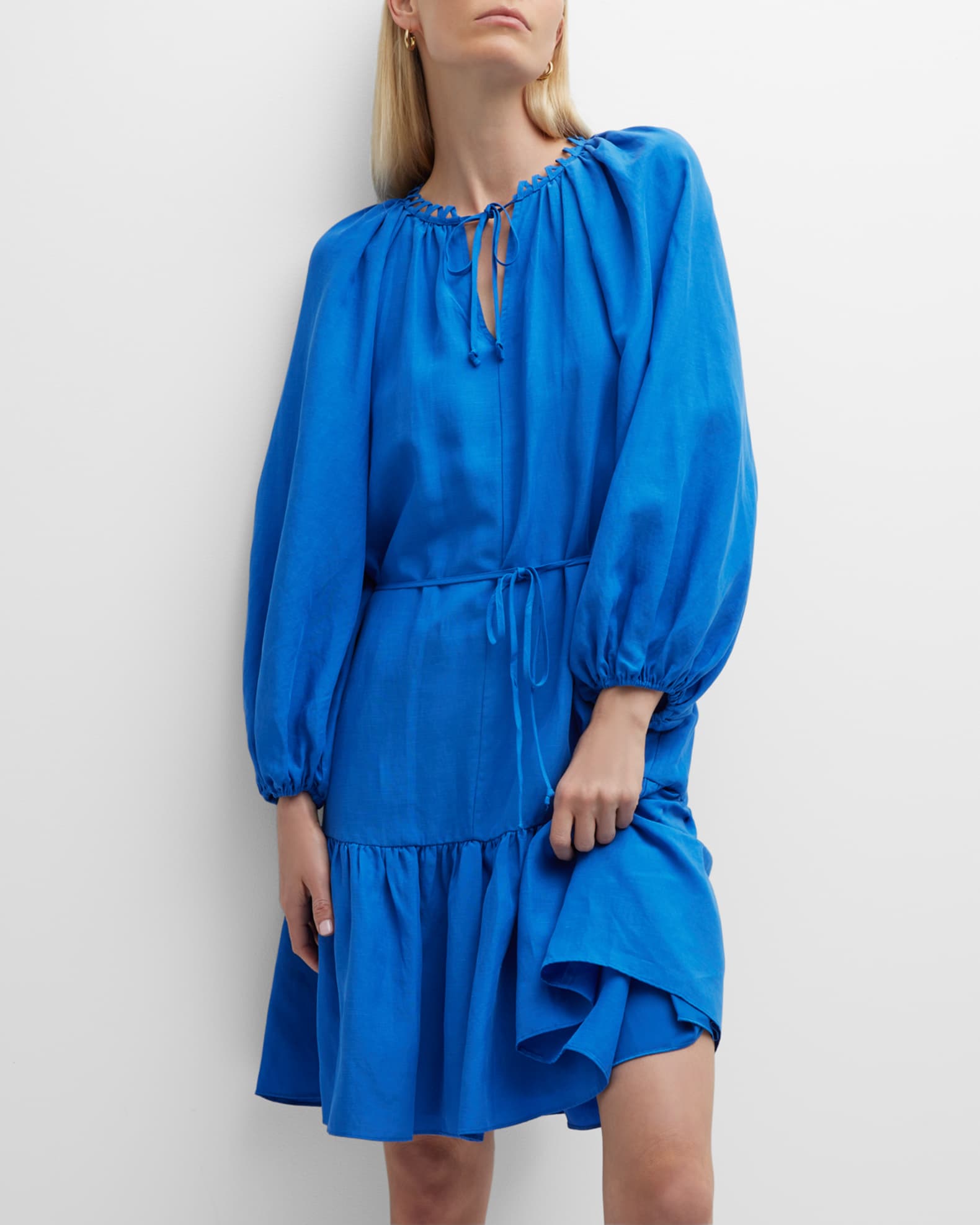 Kobi Halperin Ruby Blouson-Sleeve Keyhole Linen Midi Dress | Neiman Marcus