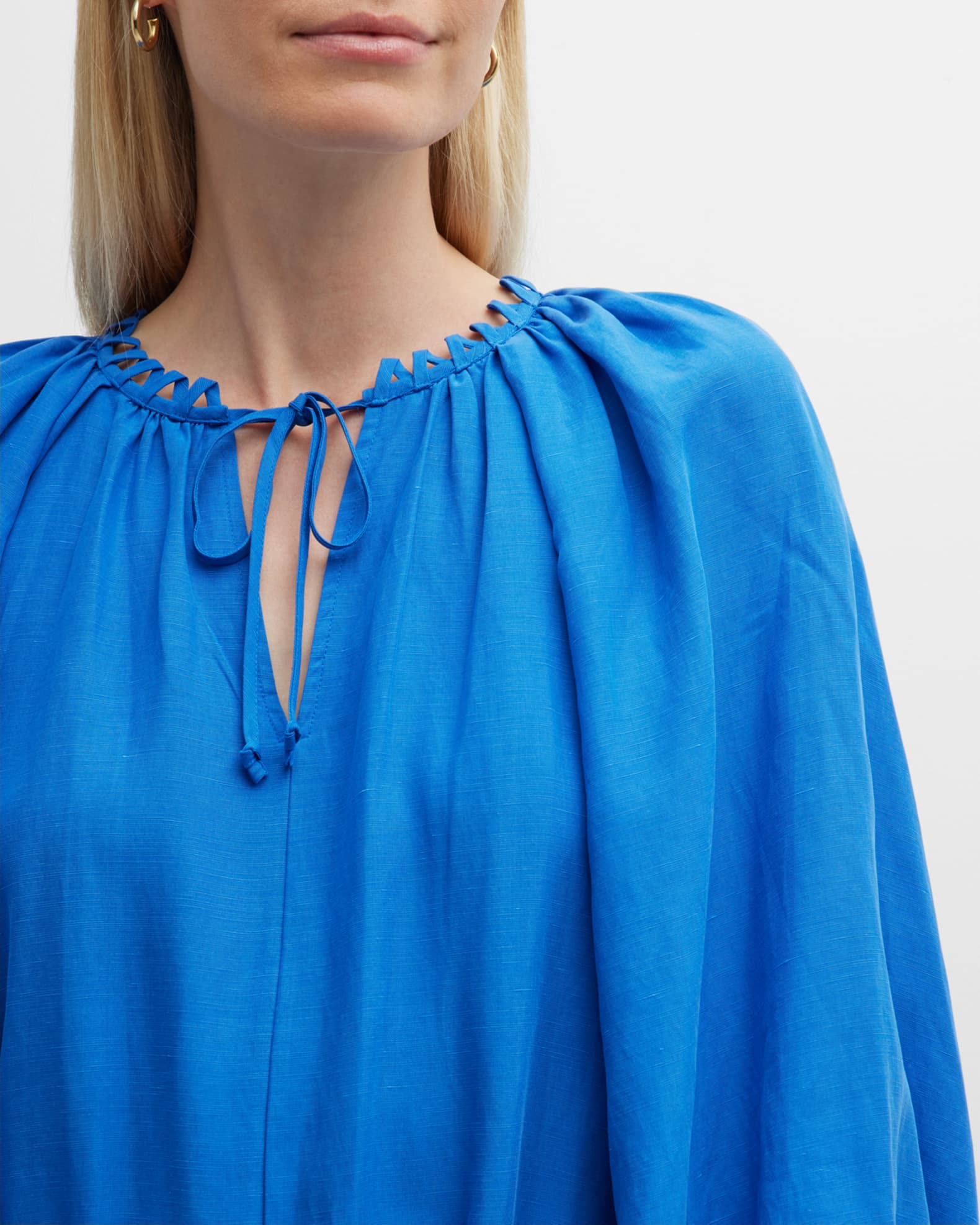 Kobi Halperin Ruby Blouson-Sleeve Keyhole Linen Midi Dress | Neiman Marcus