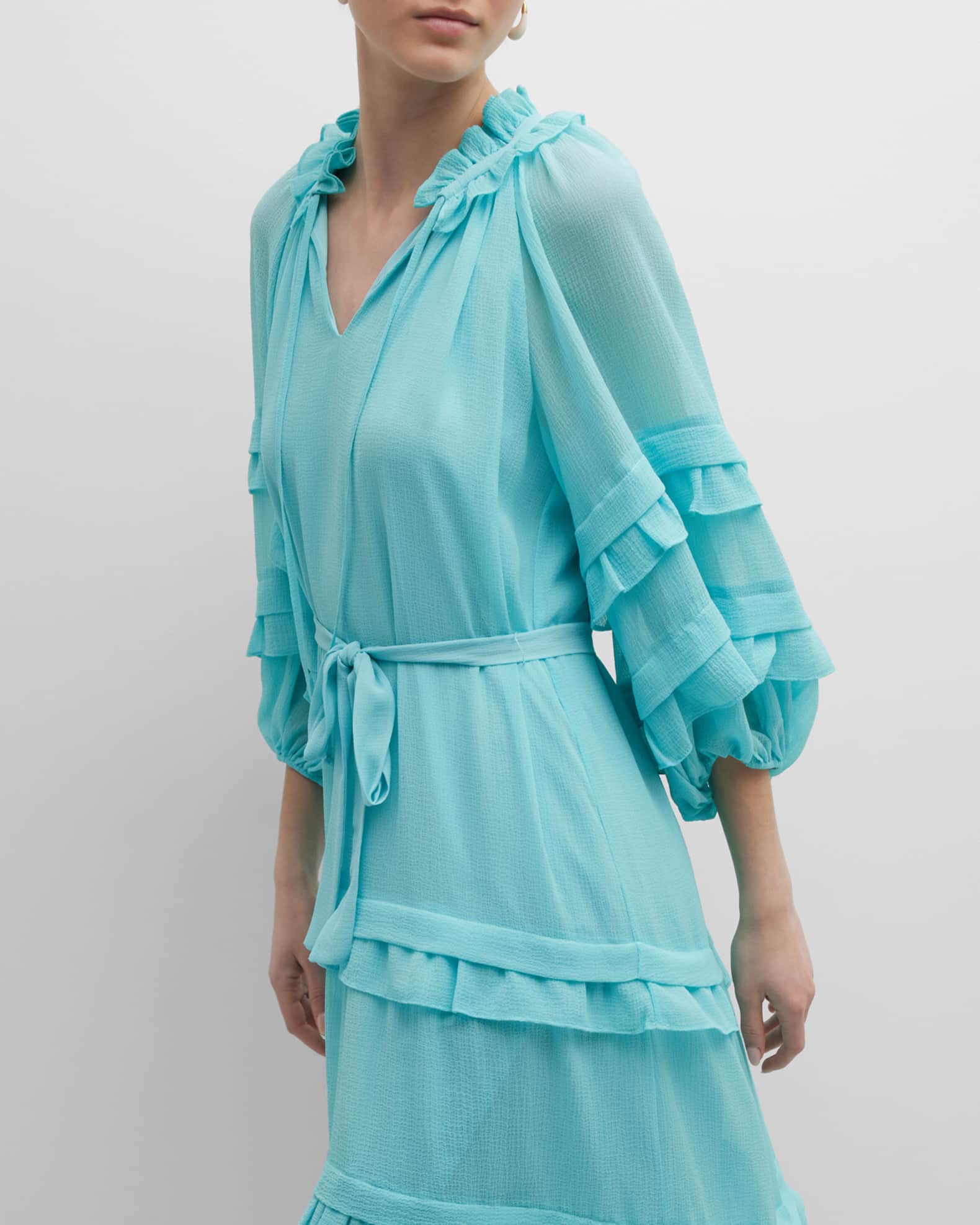 Kobi Halperin Koa Tiered Blouson-Sleeve High-Low Midi Dress | Neiman Marcus