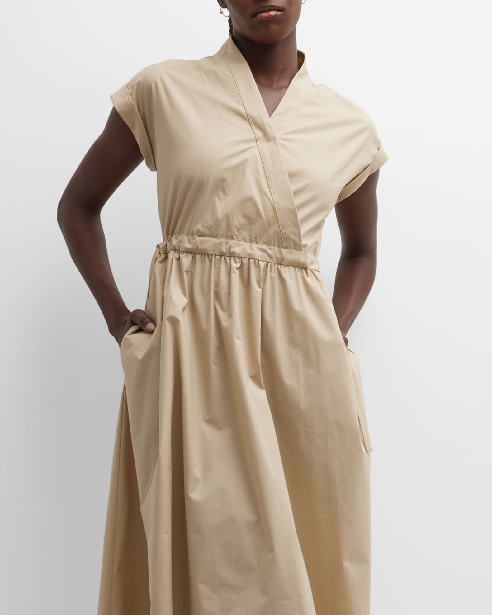 Marella Troupe Cap-Sleeve Drawstring Poplin Midi Dress | Neiman Marcus