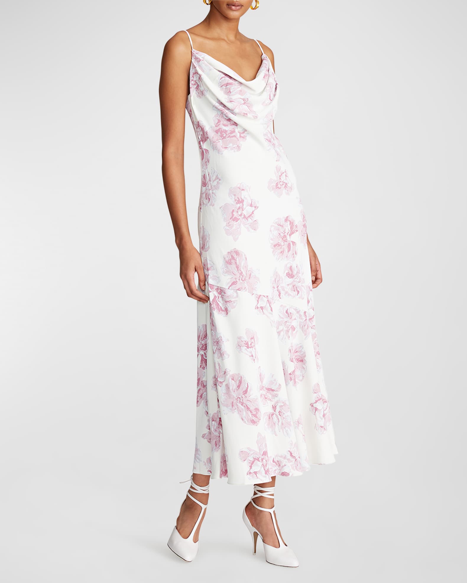 Halston Sonny Cowl-Neck Floral-Print Midi Dress | Neiman Marcus