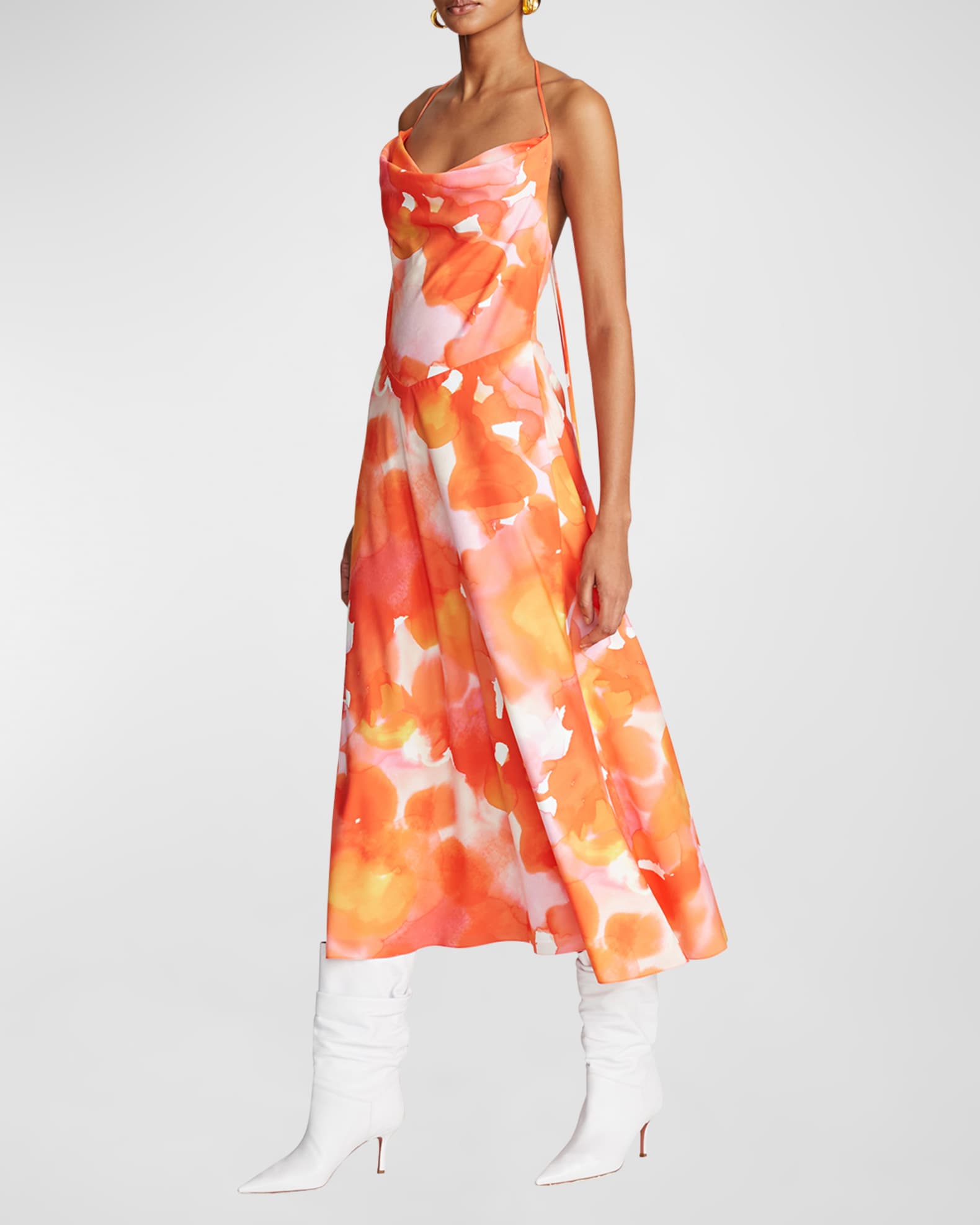 Halston Avani Cowl-Neck Watercolor-Print Midi Dress | Neiman Marcus
