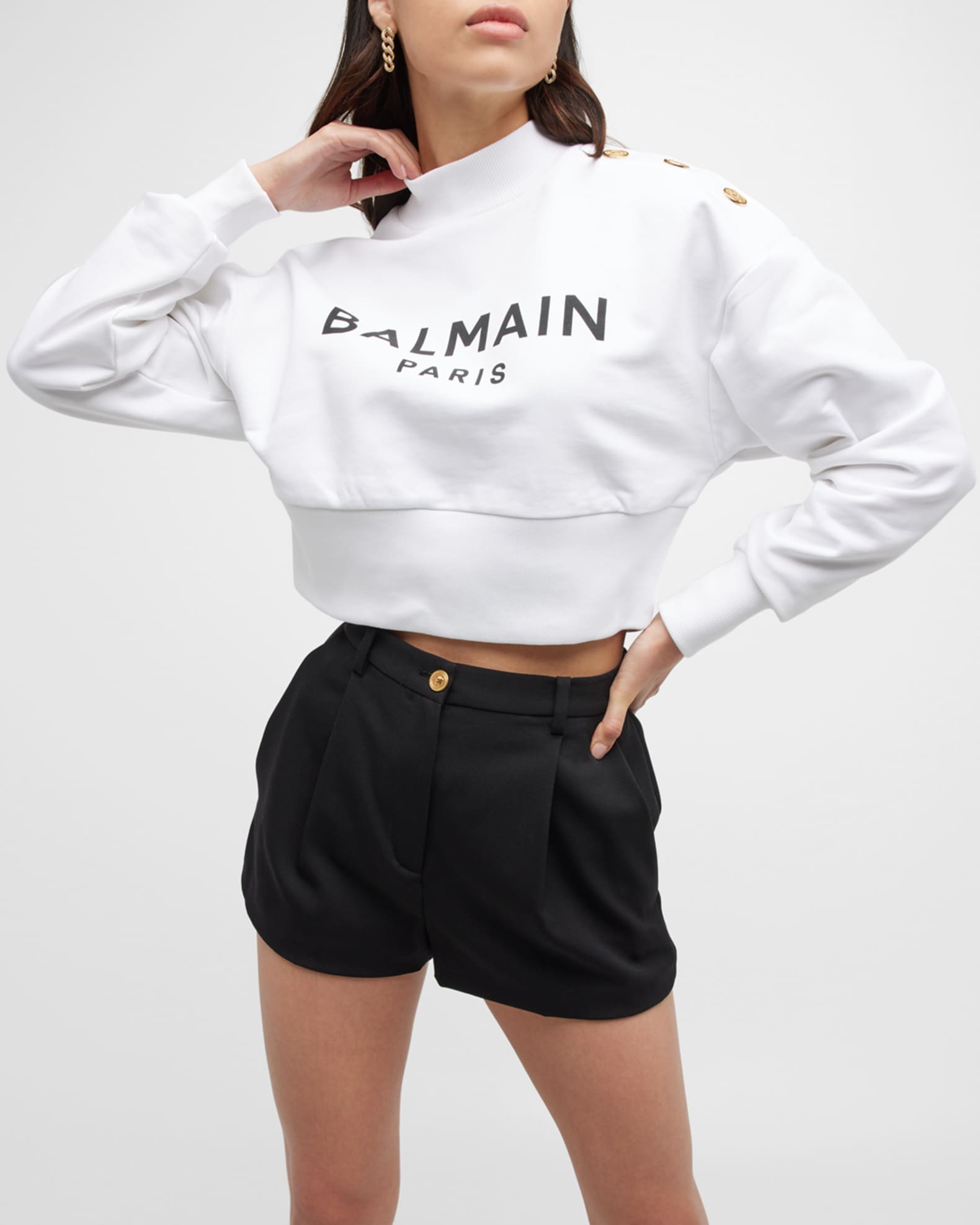 Balmain 3-Button Logo-Print Crop Sweatshirt | Neiman Marcus