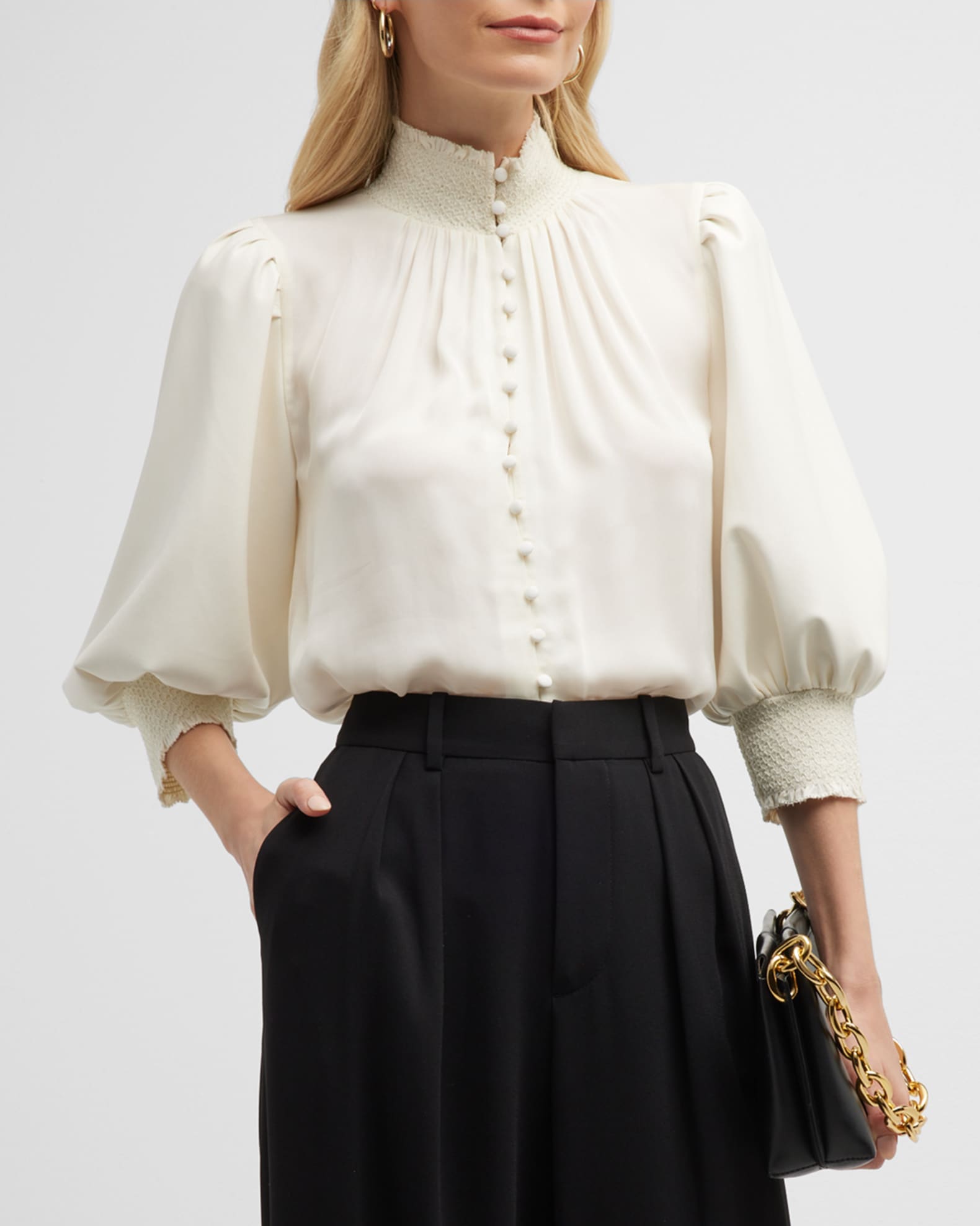 Alice + Olivia Carmina Vegan Leather Smocked-Cuff Blouse | Neiman Marcus
