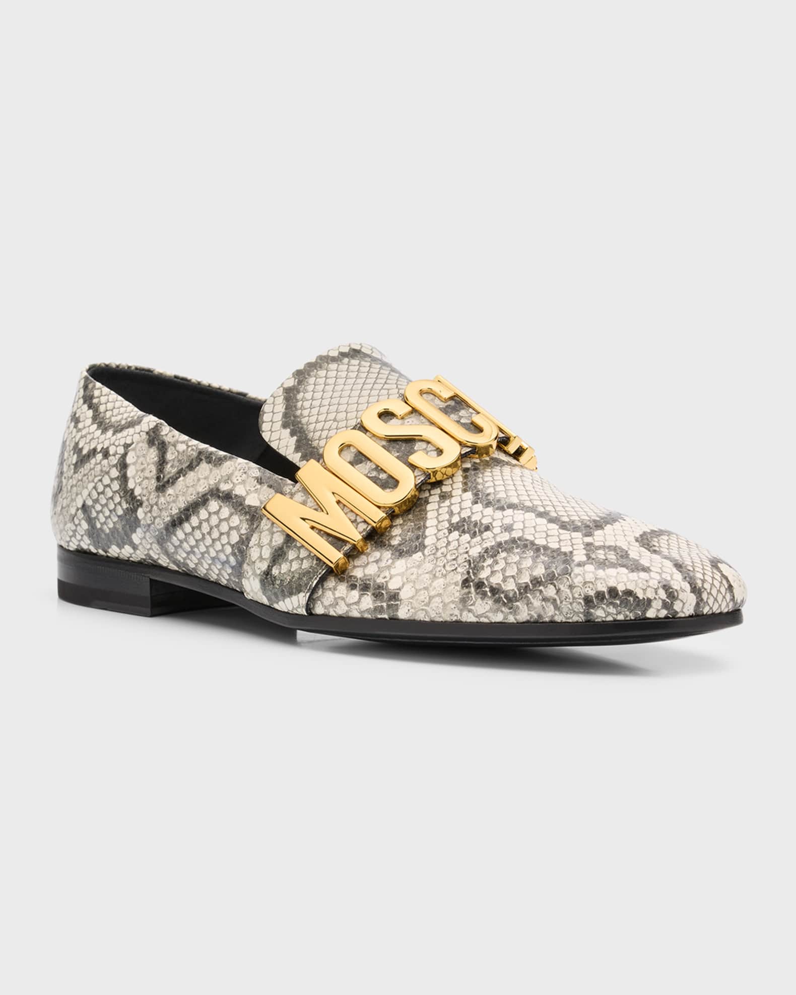 Moschino Men's Maxi Lettering Snake-Print Leather Loafers | Neiman Marcus