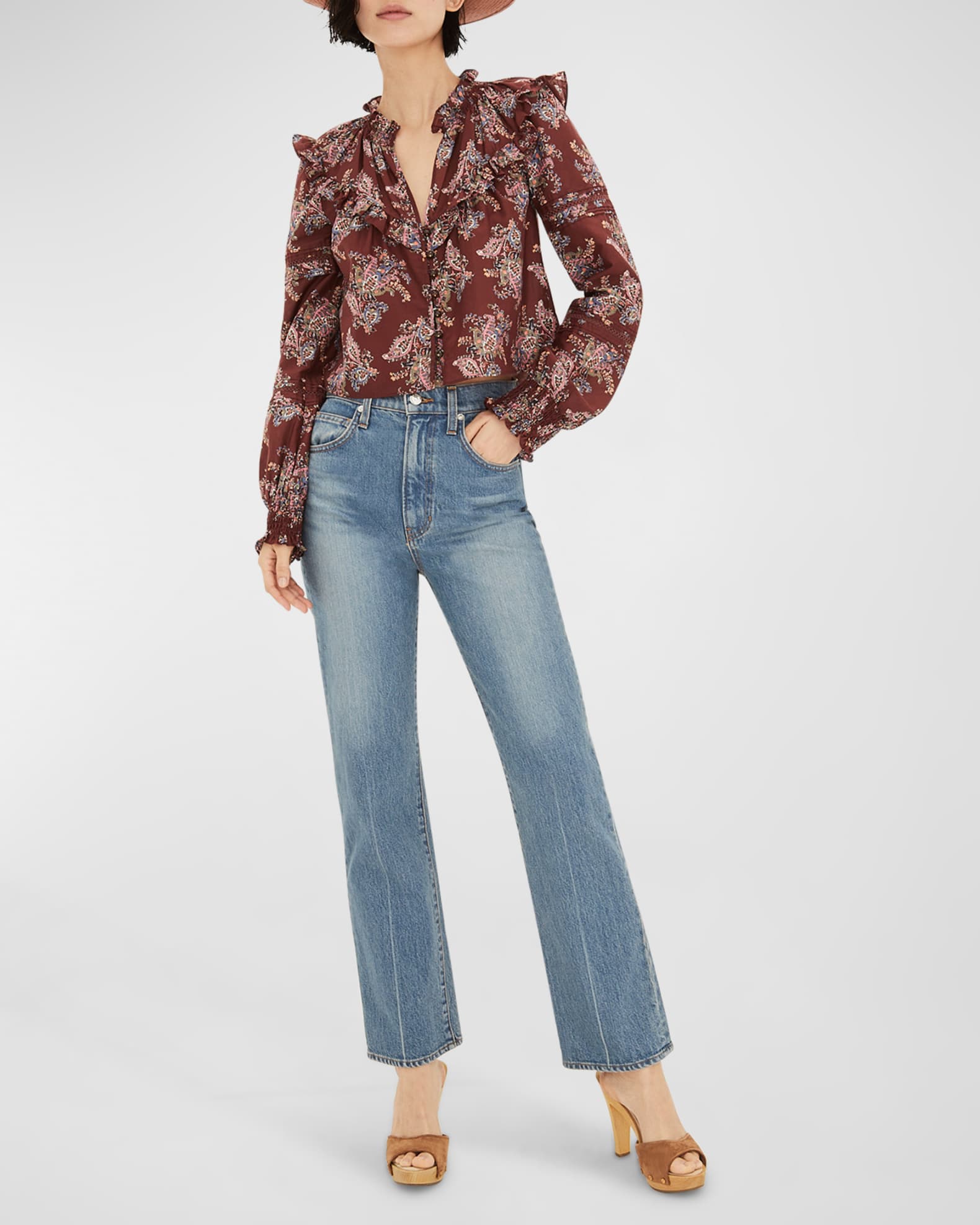 Veronica Beard Hopkins Printed Long Sleeve Ruffle Blouse | Neiman Marcus