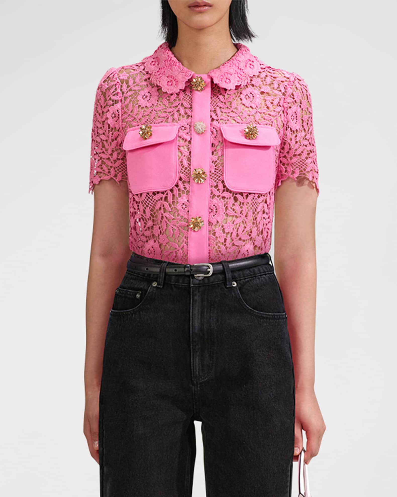 Self-Portrait Diamanté-Button Floral Lace Top | Neiman Marcus