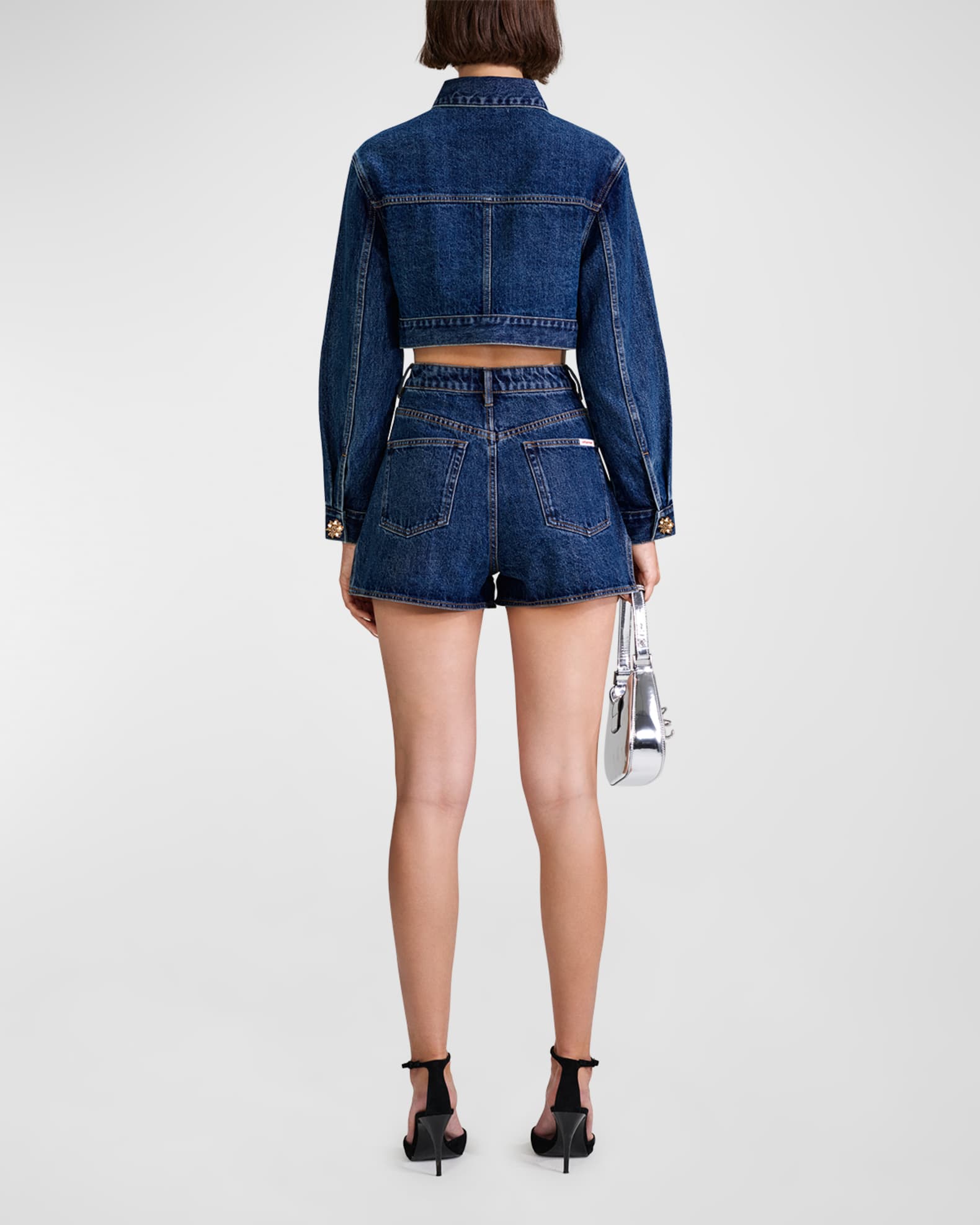 Self-Portrait Cropped Denim Jacket with Diamanté Buttons | Neiman Marcus