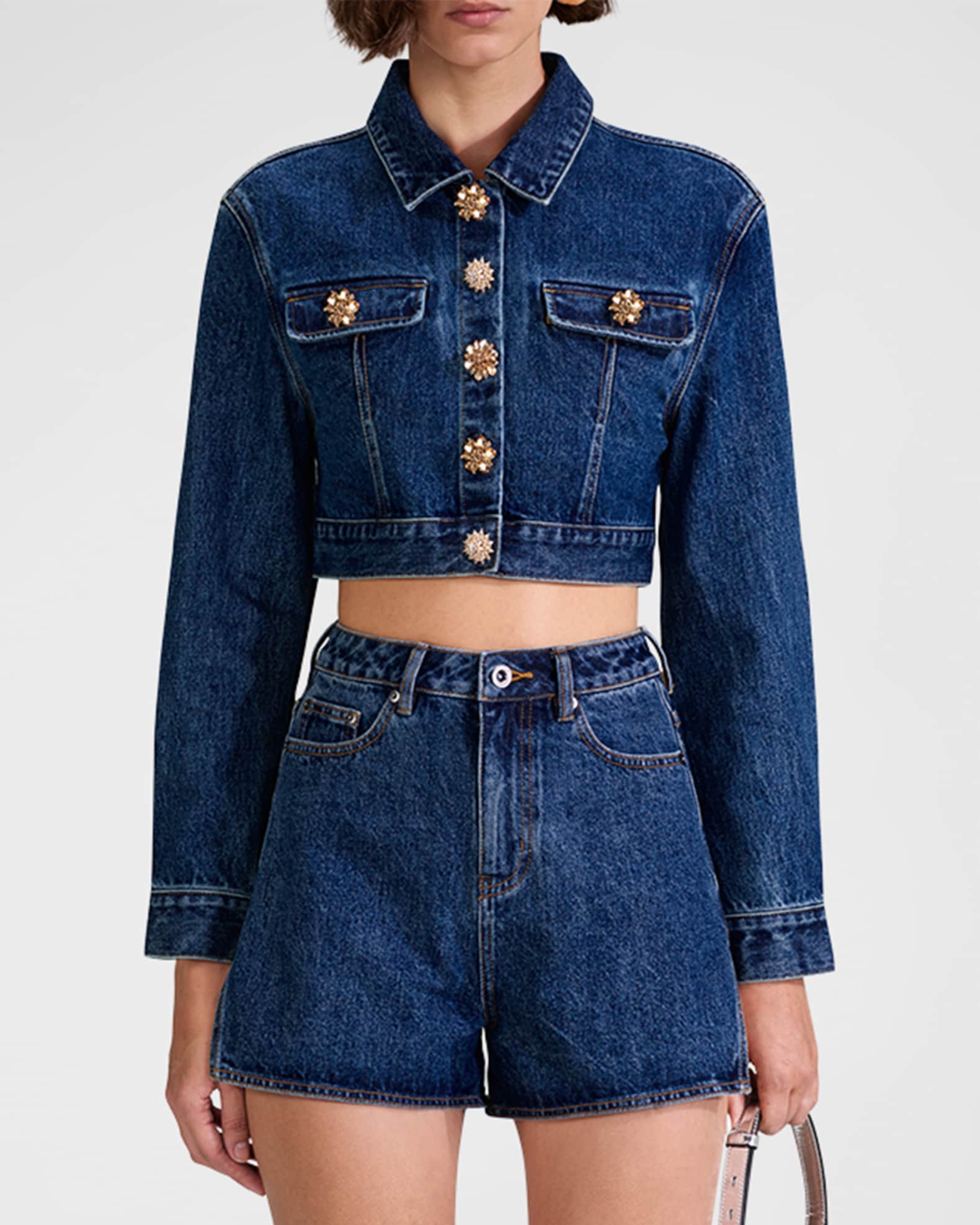 Self-Portrait Cropped Denim Jacket with Diamanté Buttons | Neiman Marcus