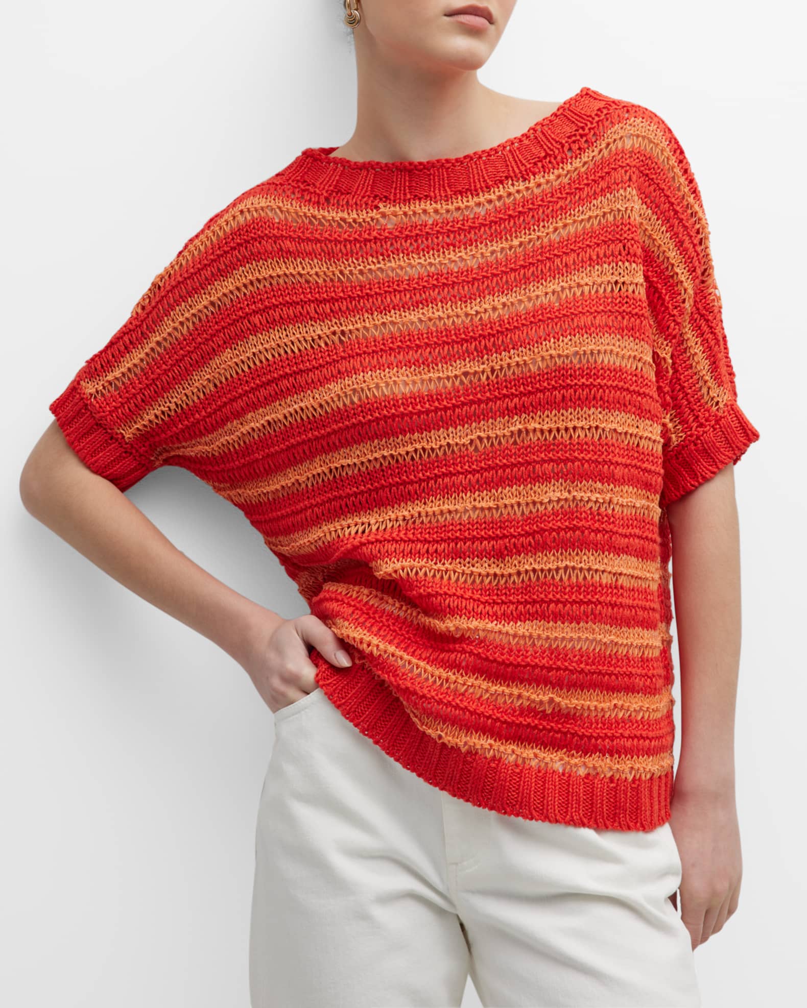 Piazza Sempione Striped Boat-Neck Short-Sleeve Linen Sweater | Neiman ...