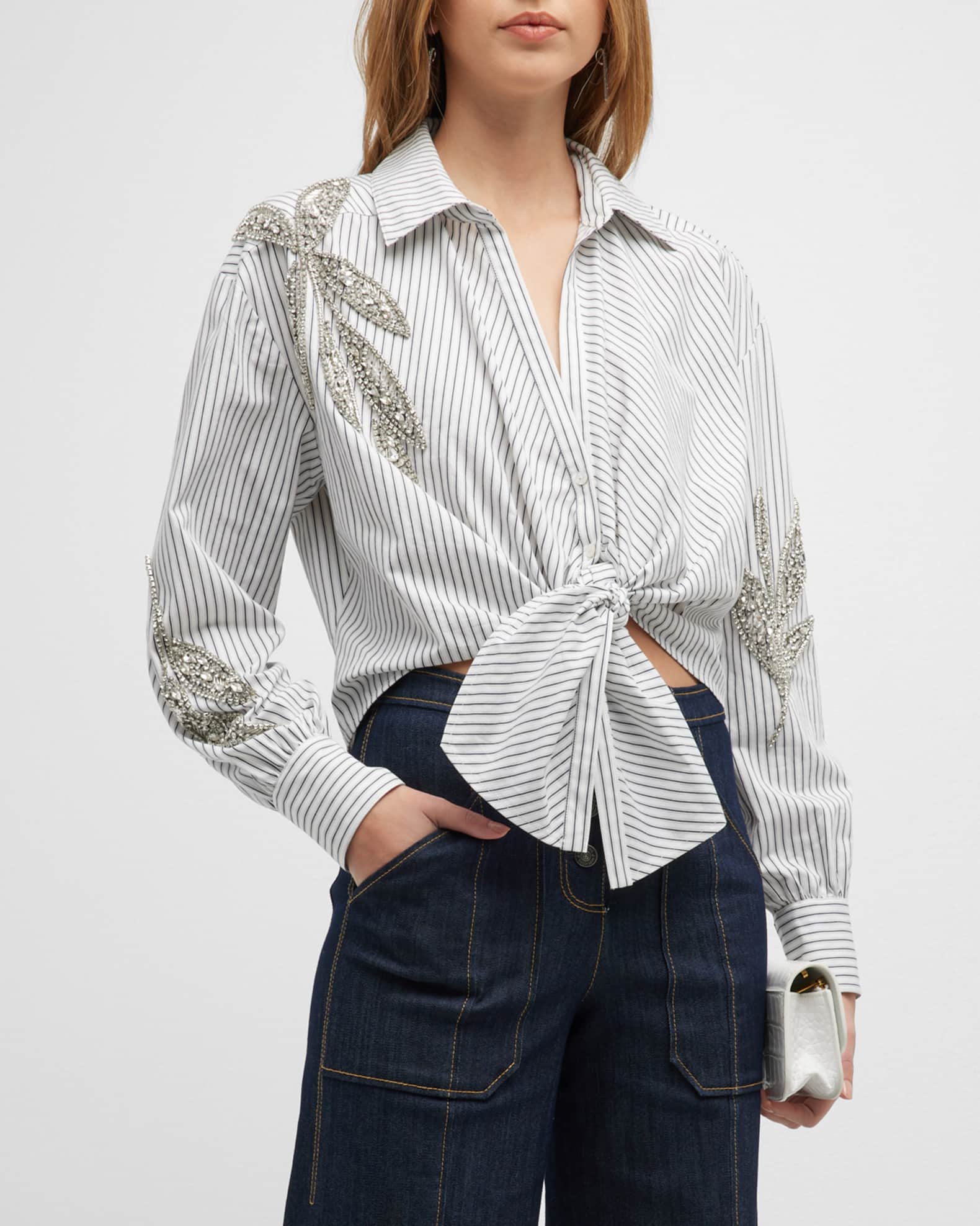 Cinq a Sept Marianna Crystal Floral Embroidered Front-Tie Top | Neiman ...