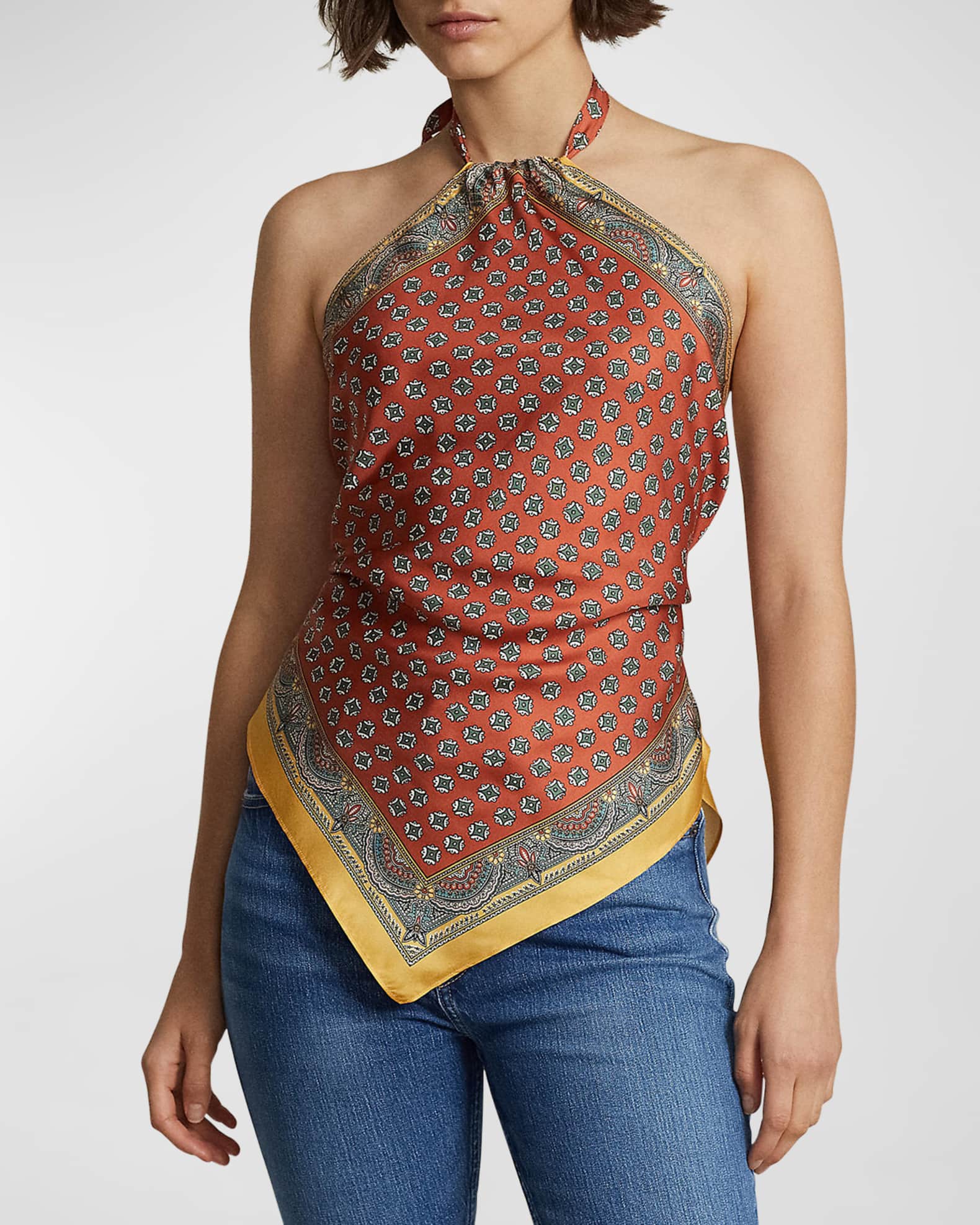 Polo Ralph Lauren Scarf-Print Silk Halter-Neck Blouse | Neiman Marcus