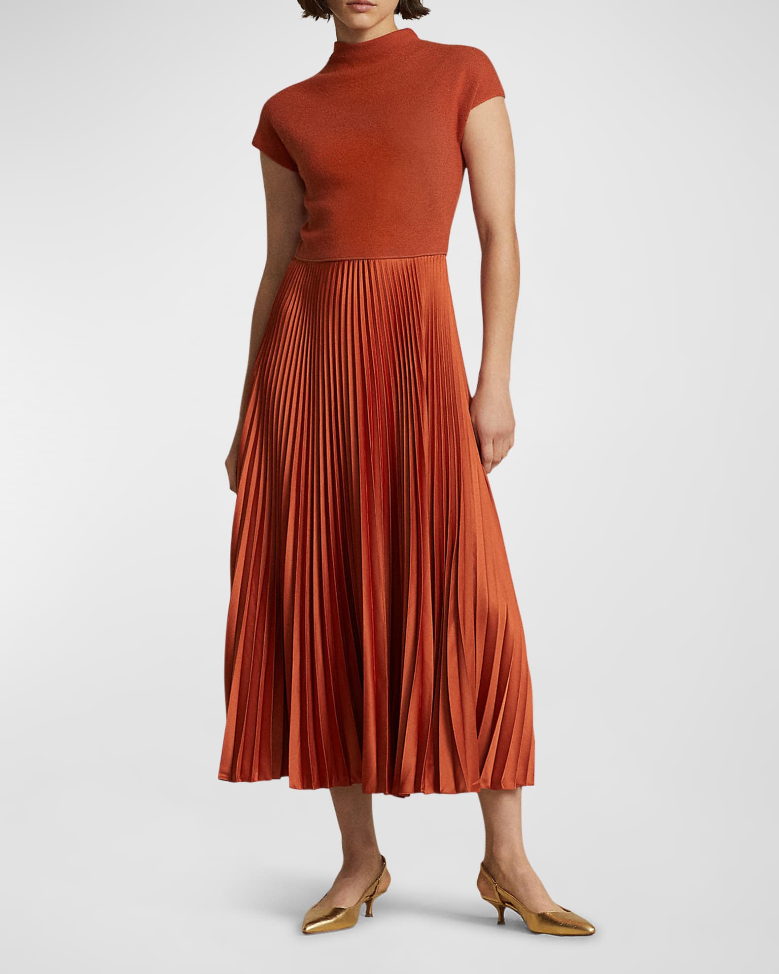Polo Ralph Lauren Hybrid Sweater-Pleated Mock-Neck Dress | Neiman Marcus