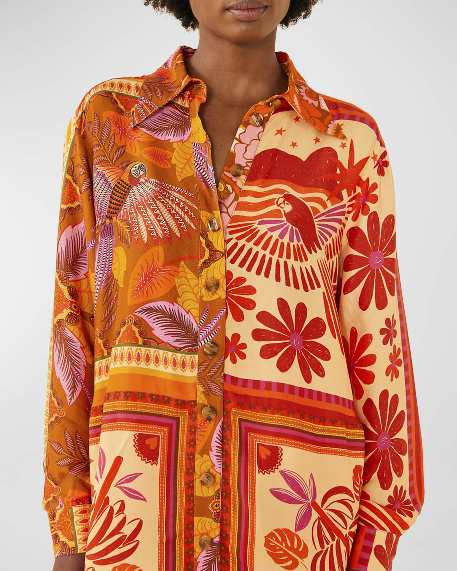 Farm Rio Forest Mixed Scarves Chemise Shirt | Neiman Marcus