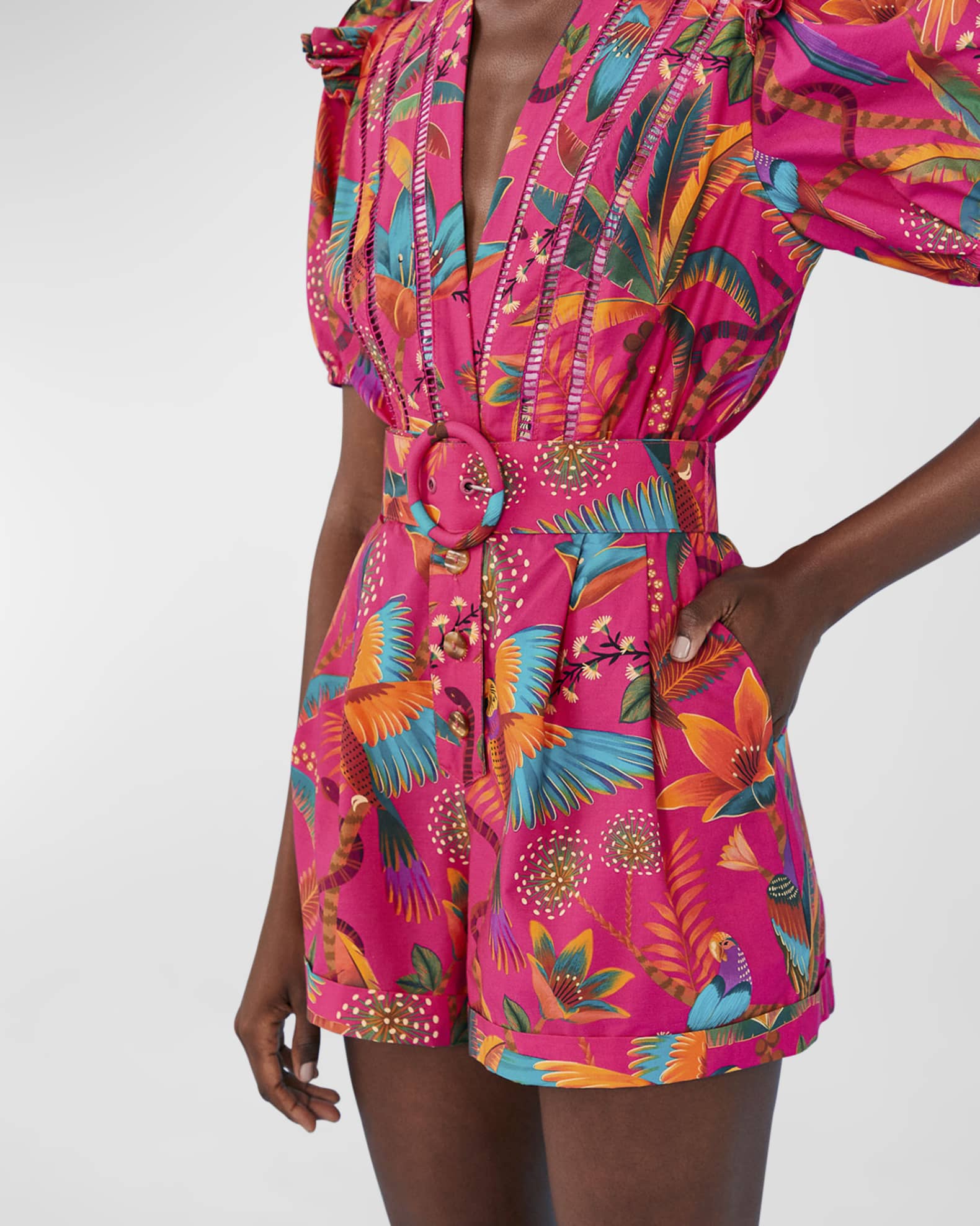 Farm Rio Macaw Party Printed Belted Romper | Neiman Marcus