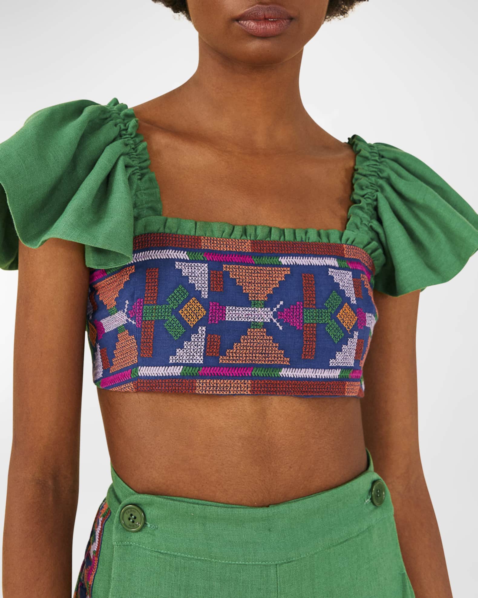 Farm Rio Embroidered Linen Square-Neck Crop Top | Neiman Marcus