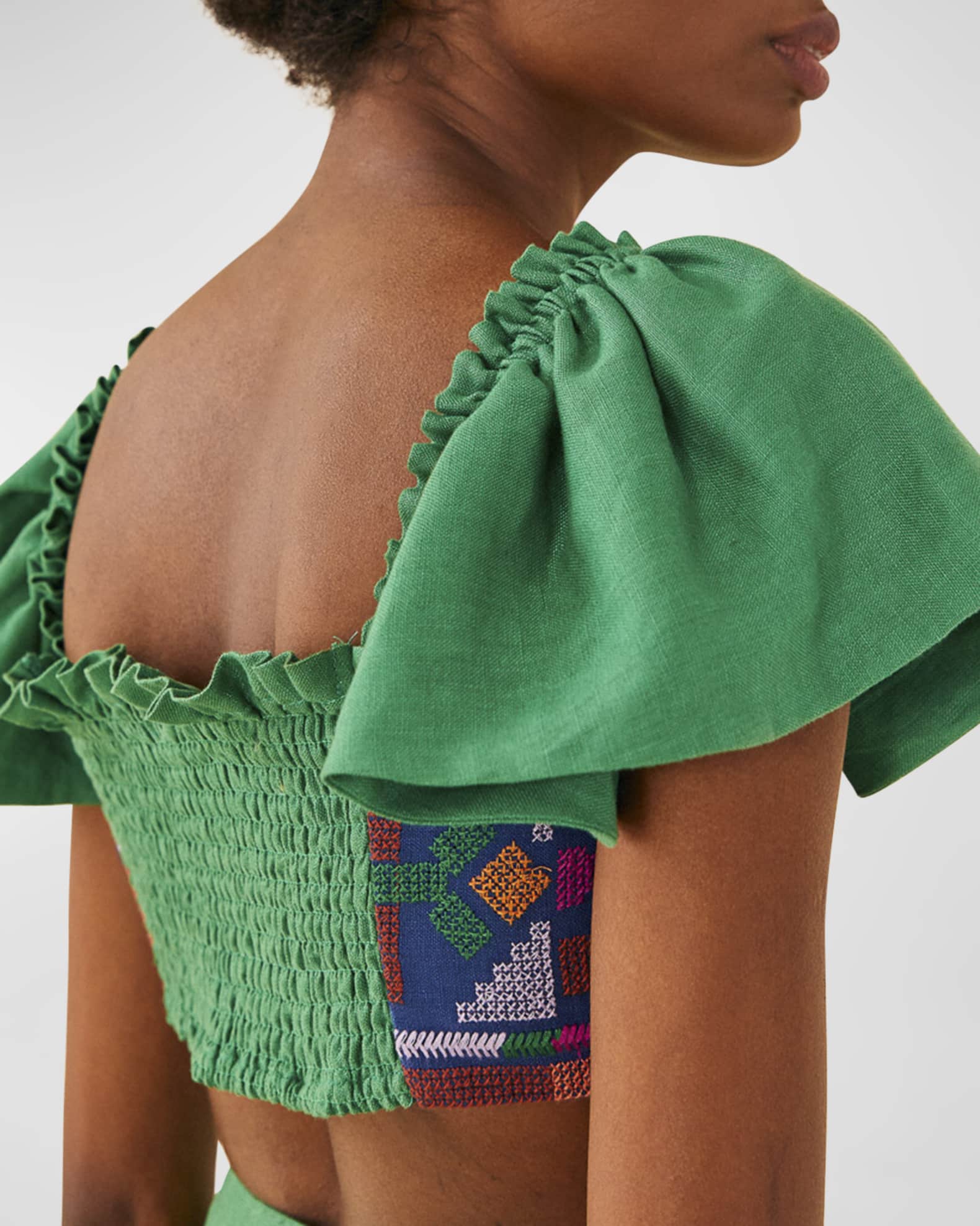 Farm Rio Embroidered Linen Square-Neck Crop Top | Neiman Marcus