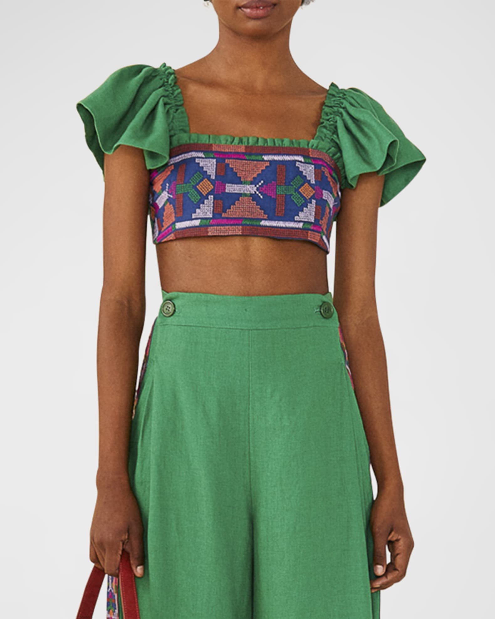 Farm Rio Embroidered Linen Square-Neck Crop Top | Neiman Marcus