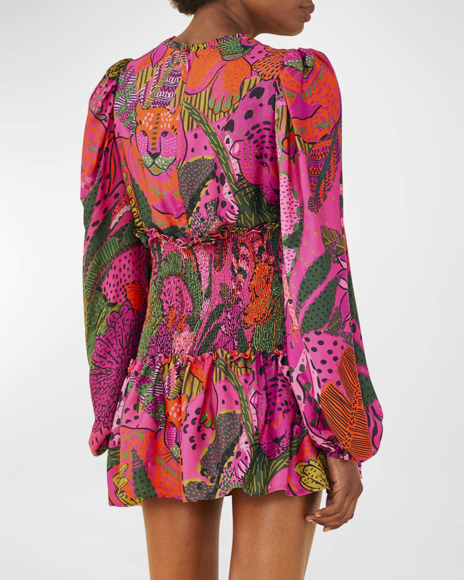Farm Rio Cool Leopards Puff-Sleeve Ruffled Mini Dress | Neiman Marcus