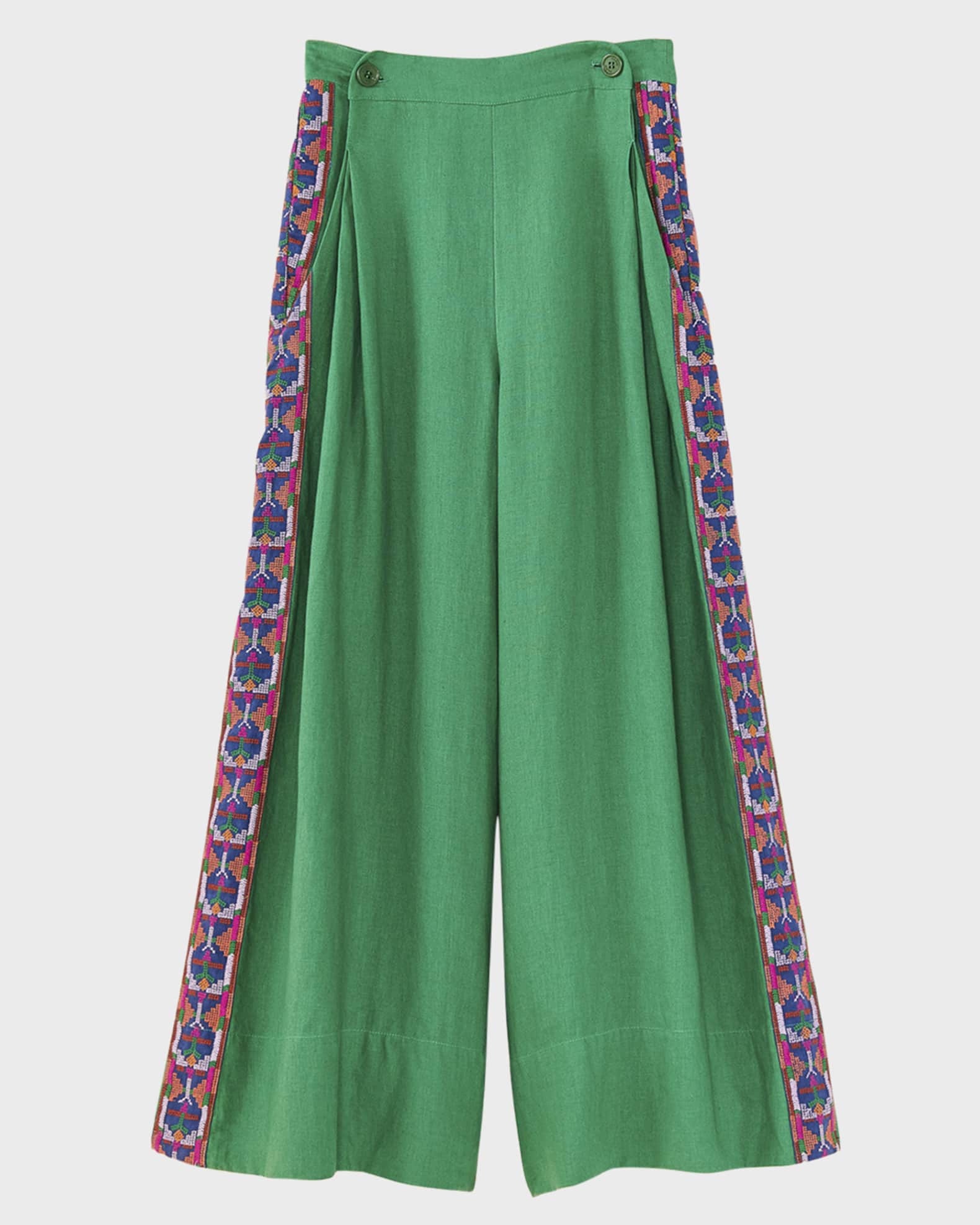 Farm Rio Embroidered Linen Wide-Leg Pants | Neiman Marcus