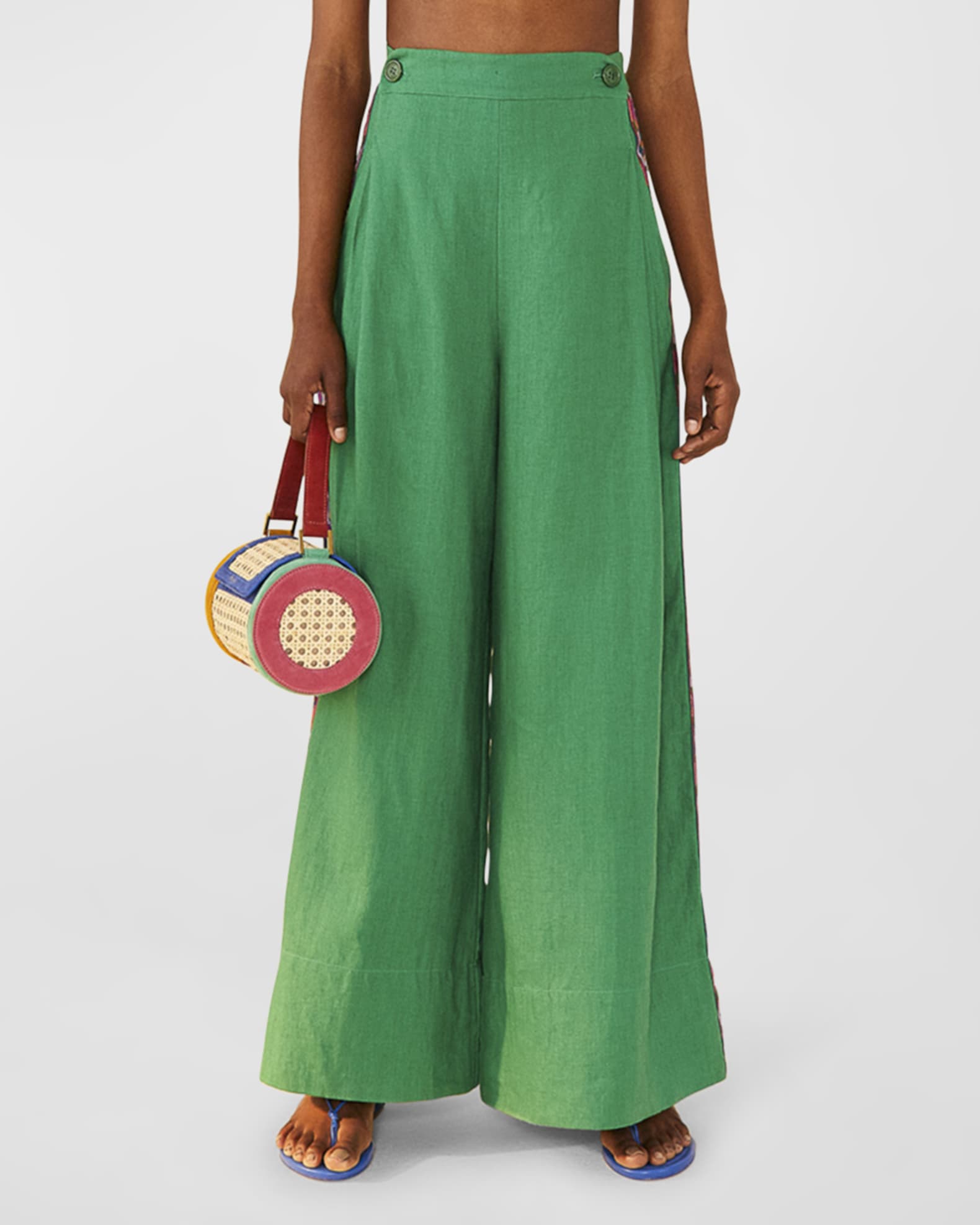 Farm Rio Embroidered Linen Wide-Leg Pants | Neiman Marcus