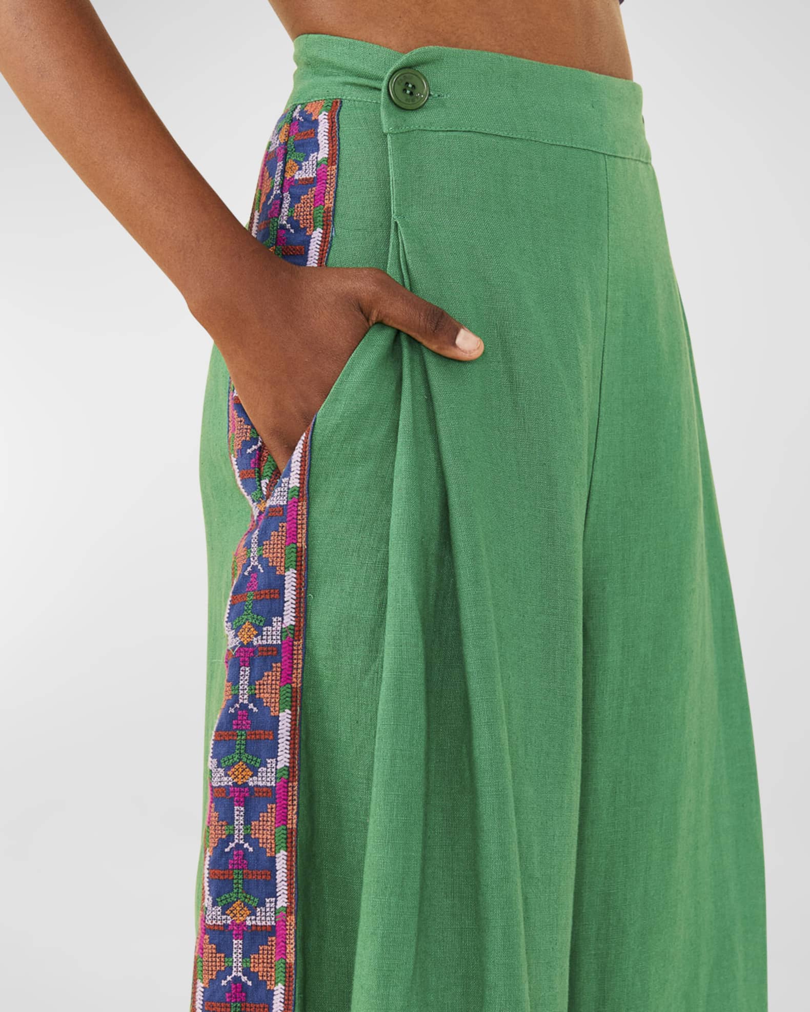 Farm Rio Embroidered Linen Wide-Leg Pants | Neiman Marcus