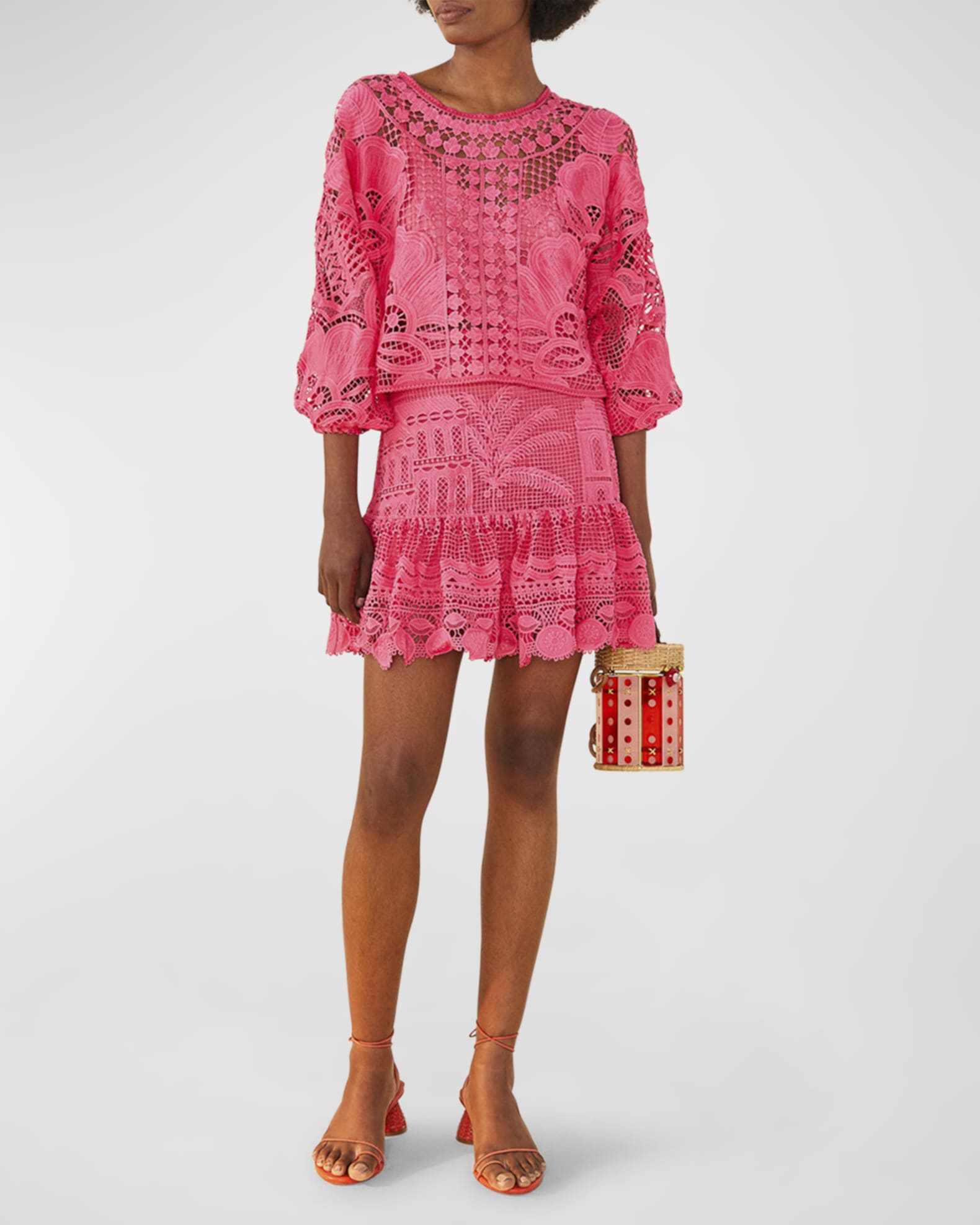 Farm Rio Alucina Puff-Sleeve Guipure Crop Top | Neiman Marcus