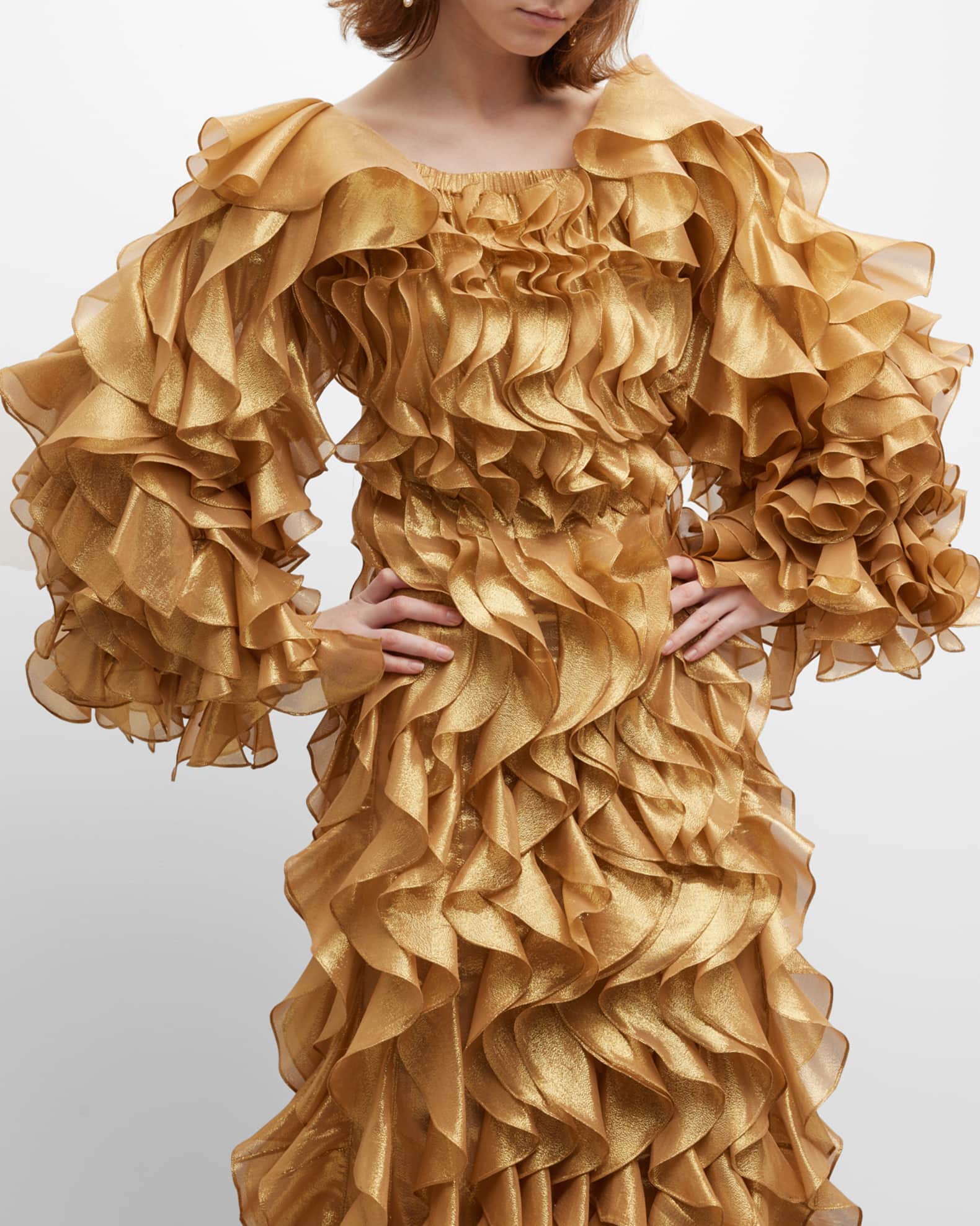 Aliette Metallic Ruffle Off-The-Shoulder Gown | Neiman Marcus