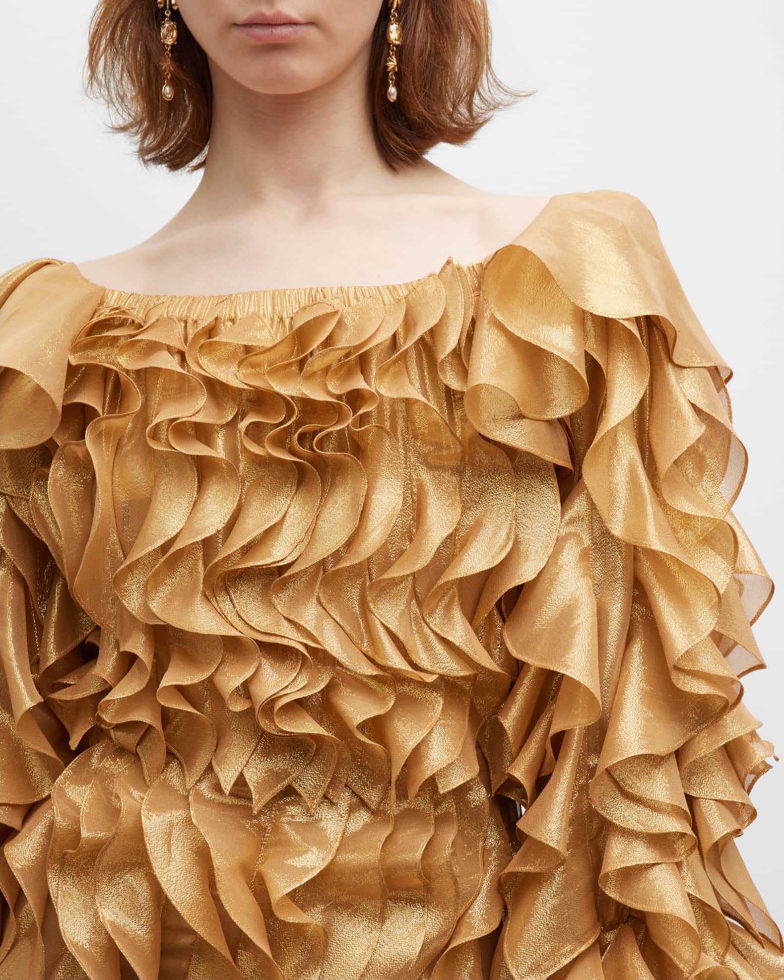 Aliette Metallic Ruffle Off-The-Shoulder Gown | Neiman Marcus