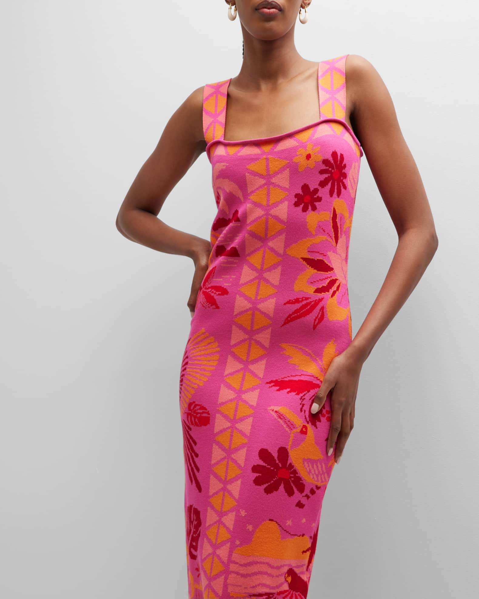 Farm Rio Rio Tiles Sleeveless Midi Knit Dress | Neiman Marcus