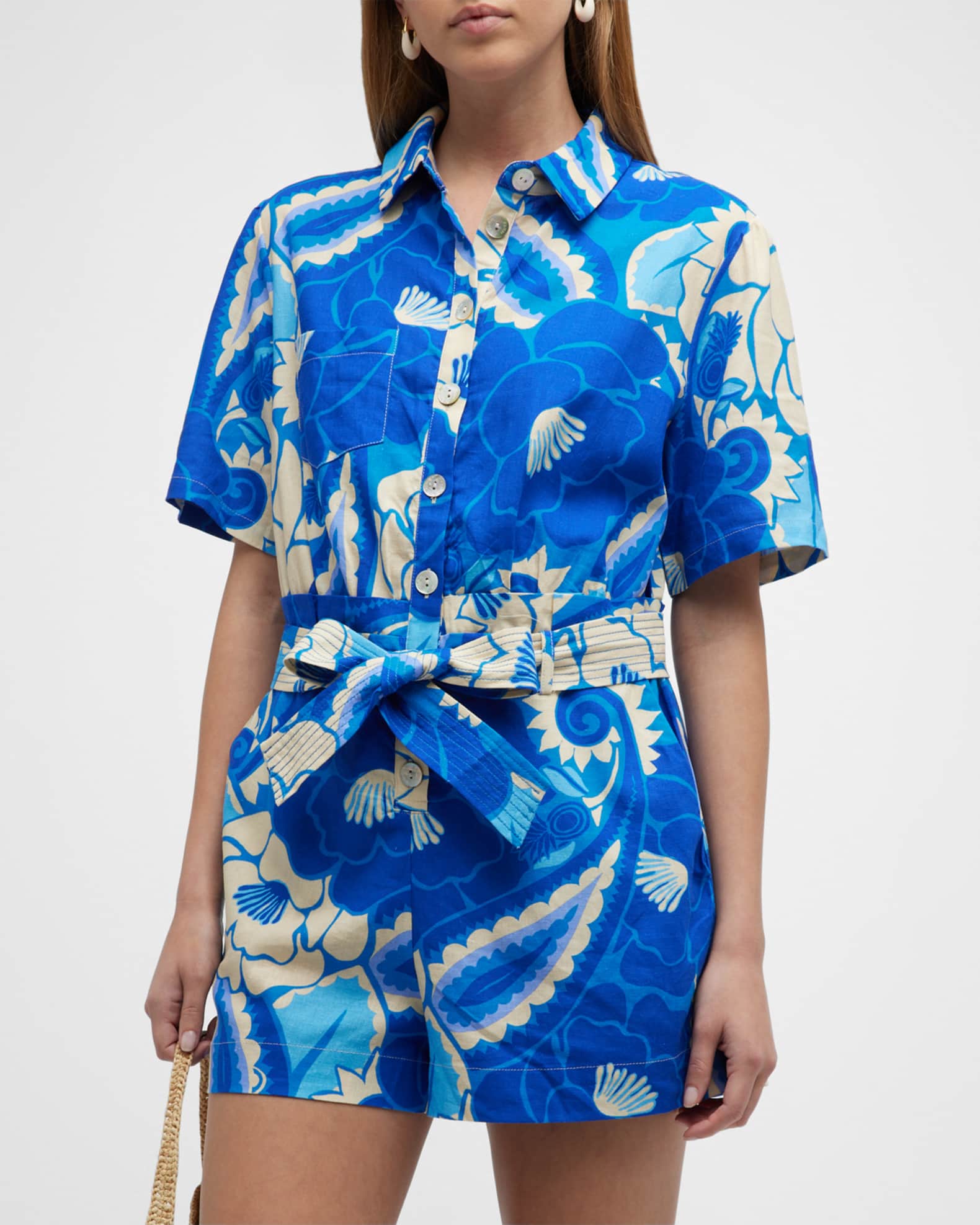 Farm Rio Tropical Groove Blue Romper | Neiman Marcus