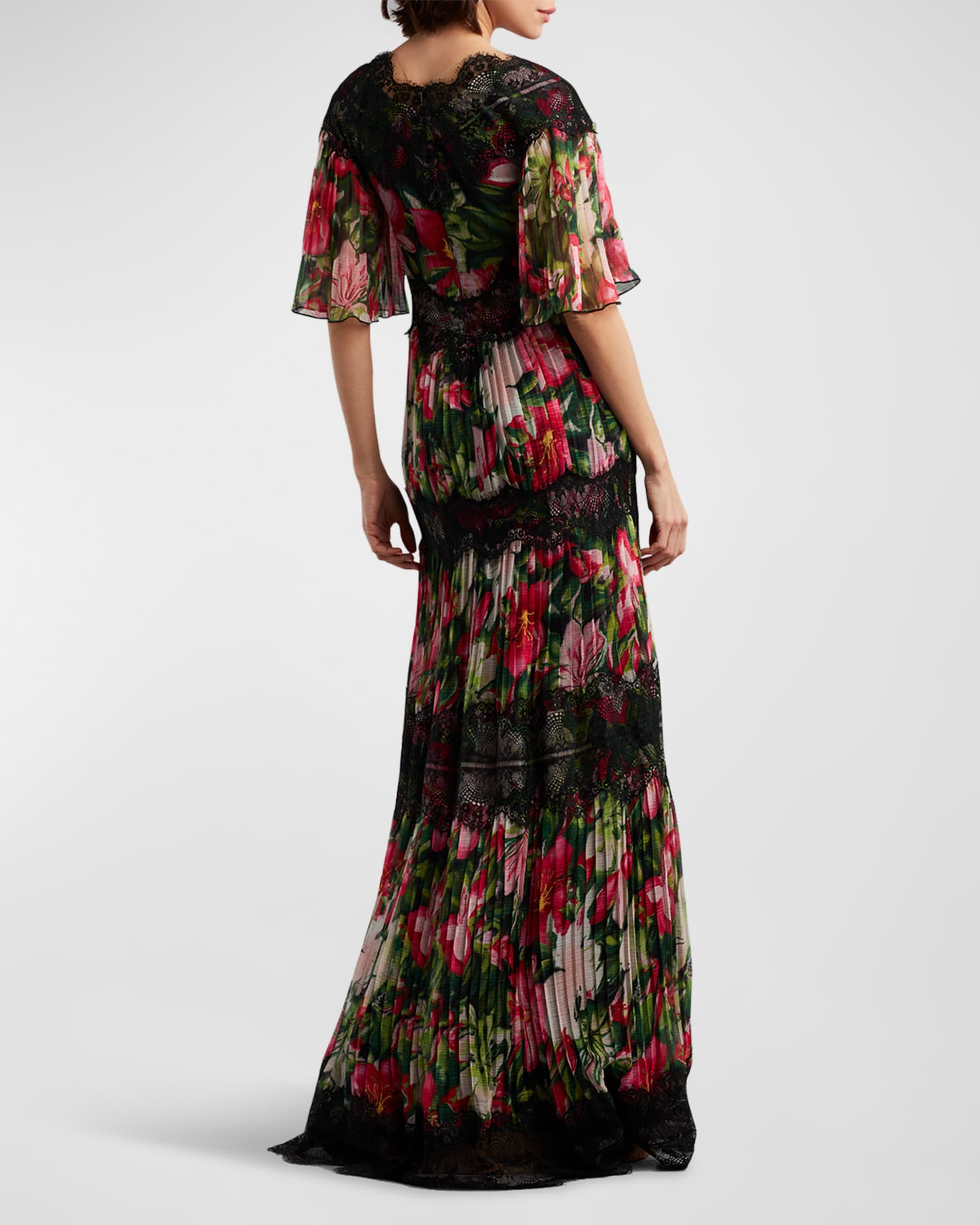 Tadashi Shoji Pleated Floral-Print Lace-Trim Gown | Neiman Marcus