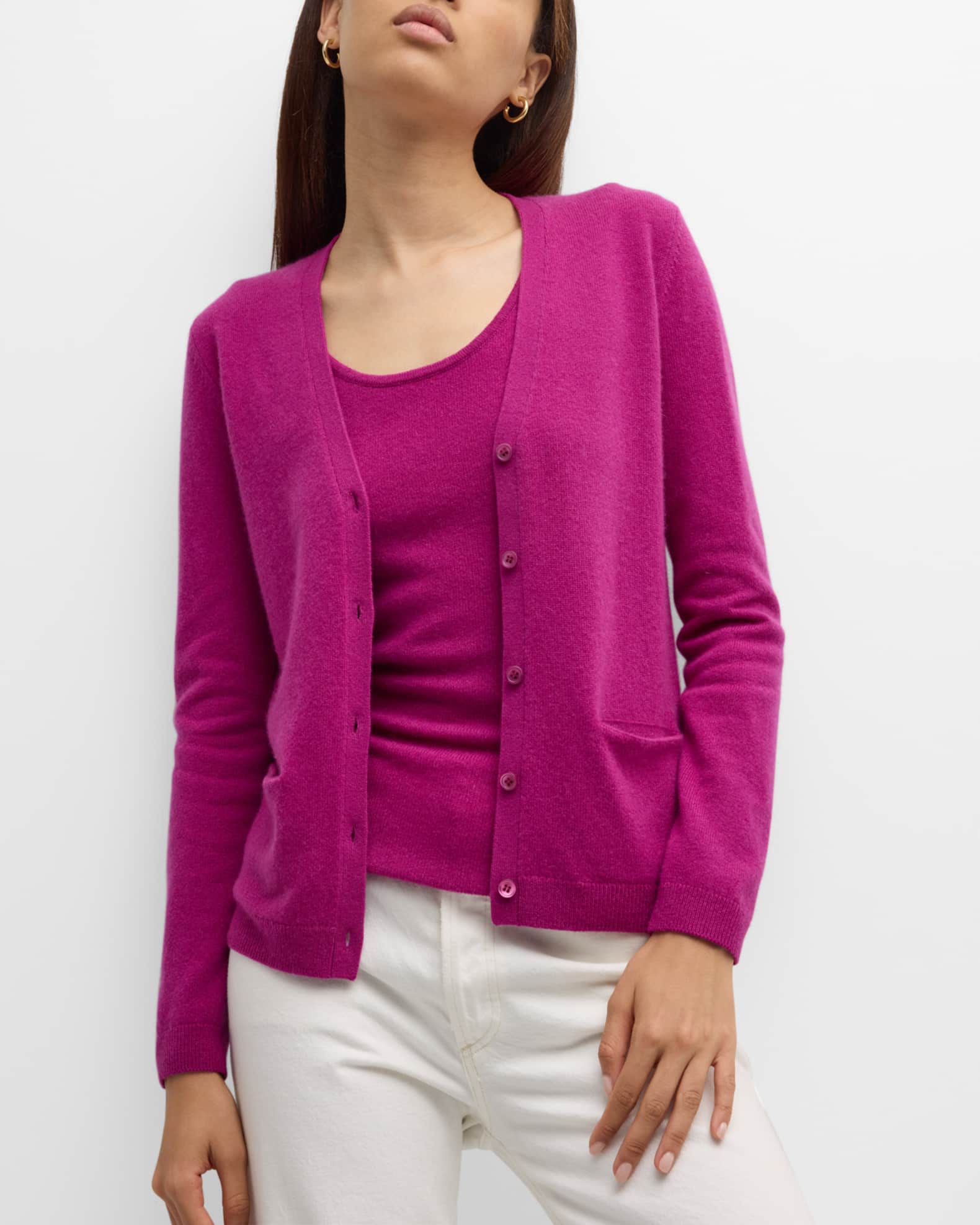 Neiman Marcus Cashmere Collection Cashmere Basic Button-Front Cardigan ...