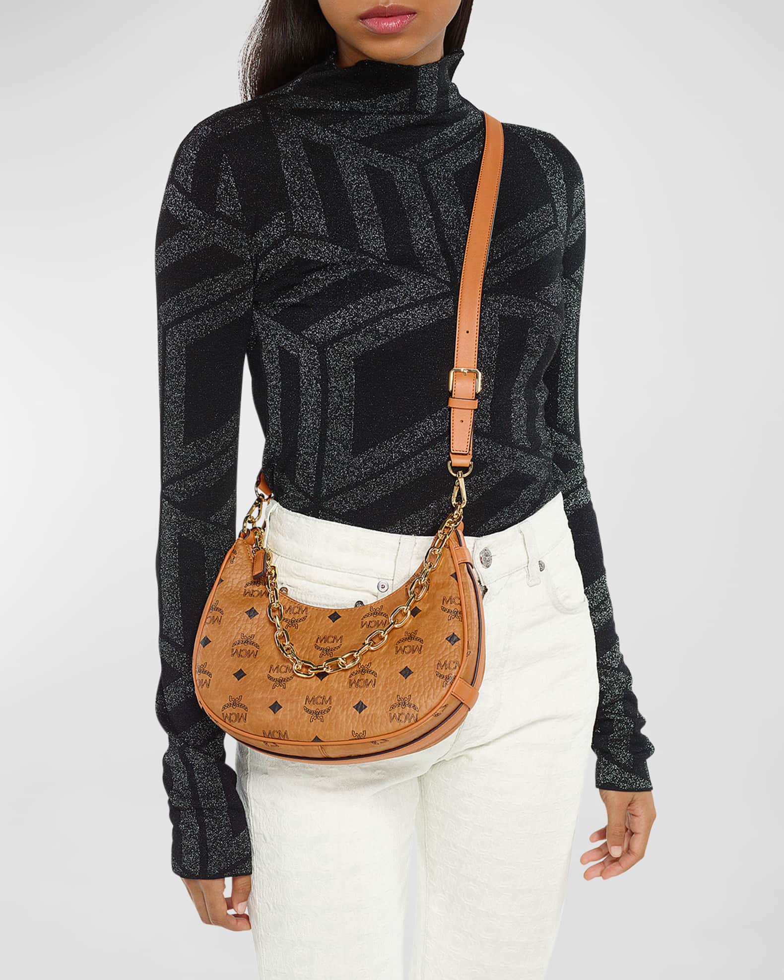 MCM Aren Small Monogram Hobo Shoulder Bag | Neiman Marcus