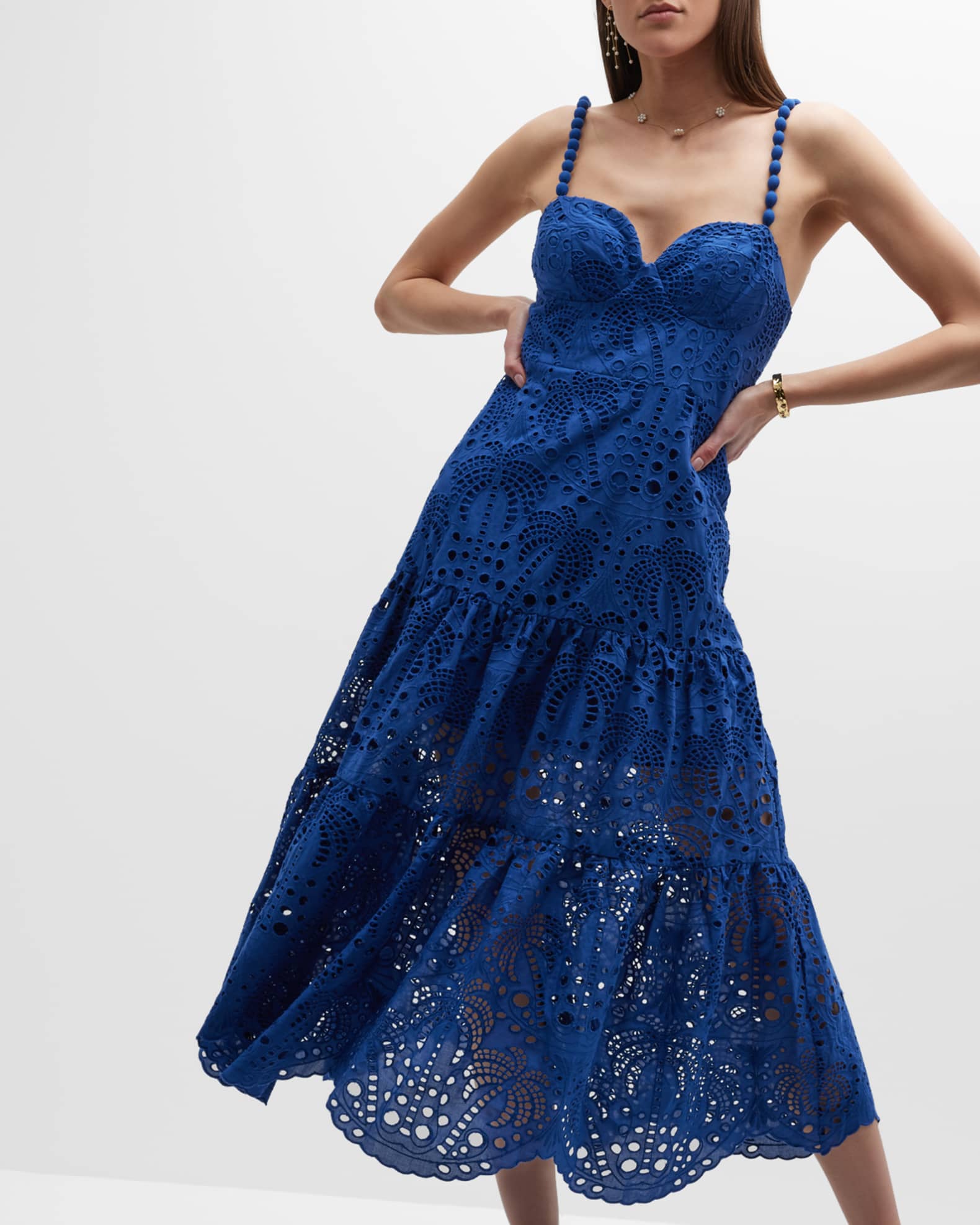 Farm Rio Palm Tree Richelieu Lace Sweetheart Midi Dress | Neiman Marcus