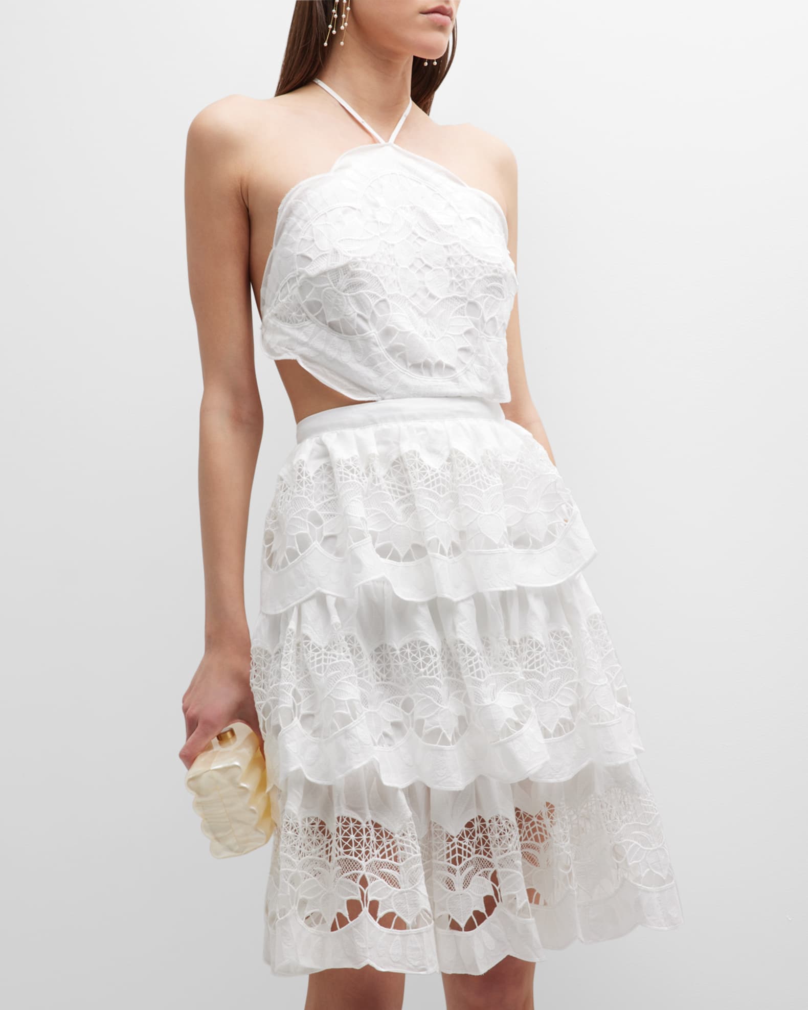 Farm Rio Richelieu Lace Tiered Halter Midi Dress | Neiman Marcus