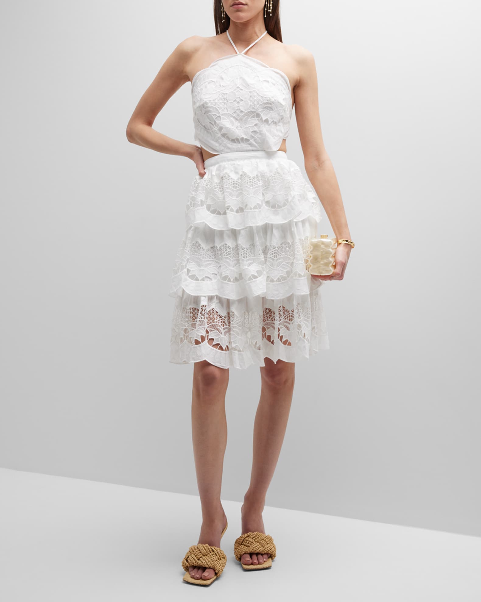 Farm Rio Richelieu Lace Tiered Halter Midi Dress | Neiman Marcus