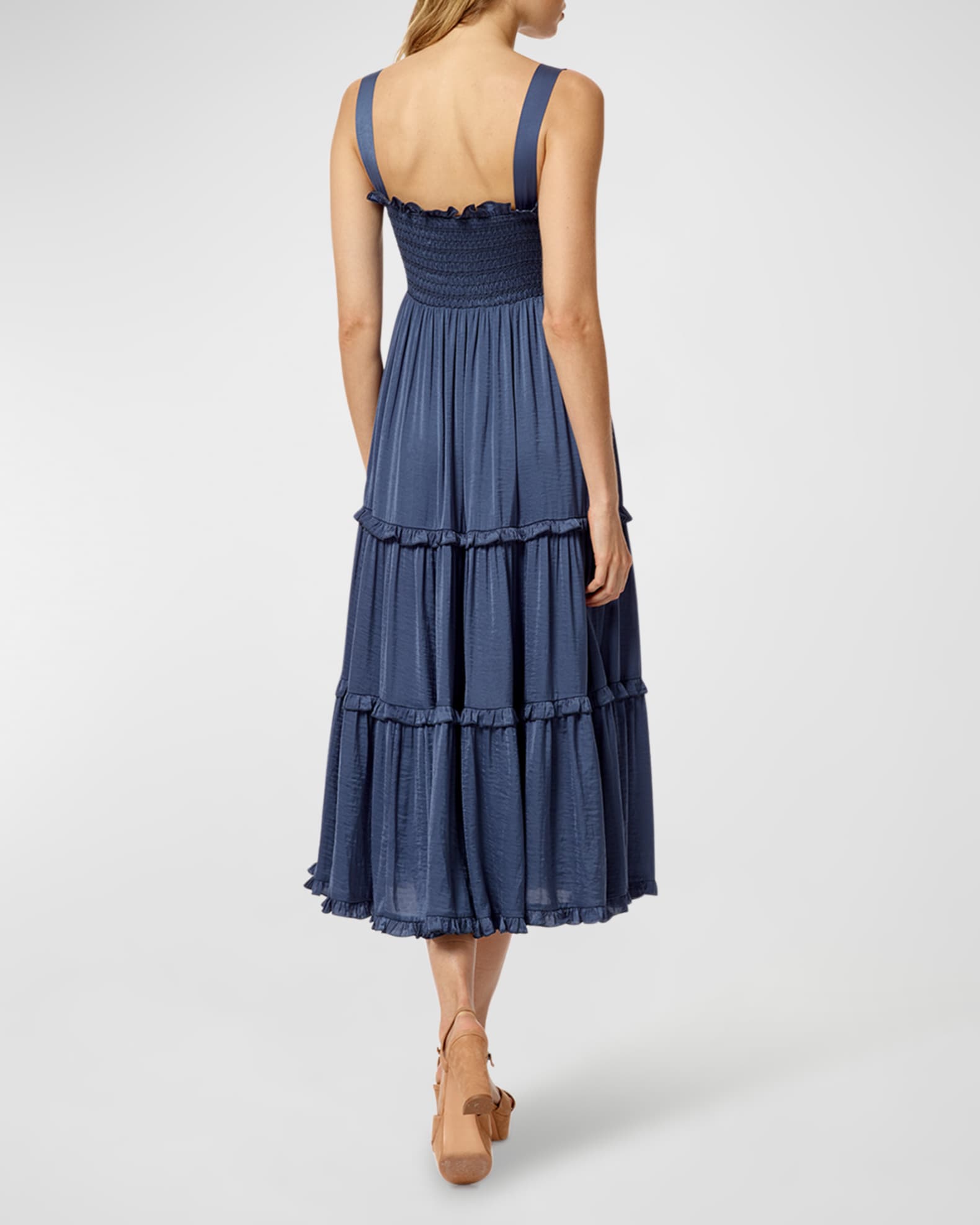 Stellah Ruffle-Trim Smocked-Bodice Midi Dress | Neiman Marcus