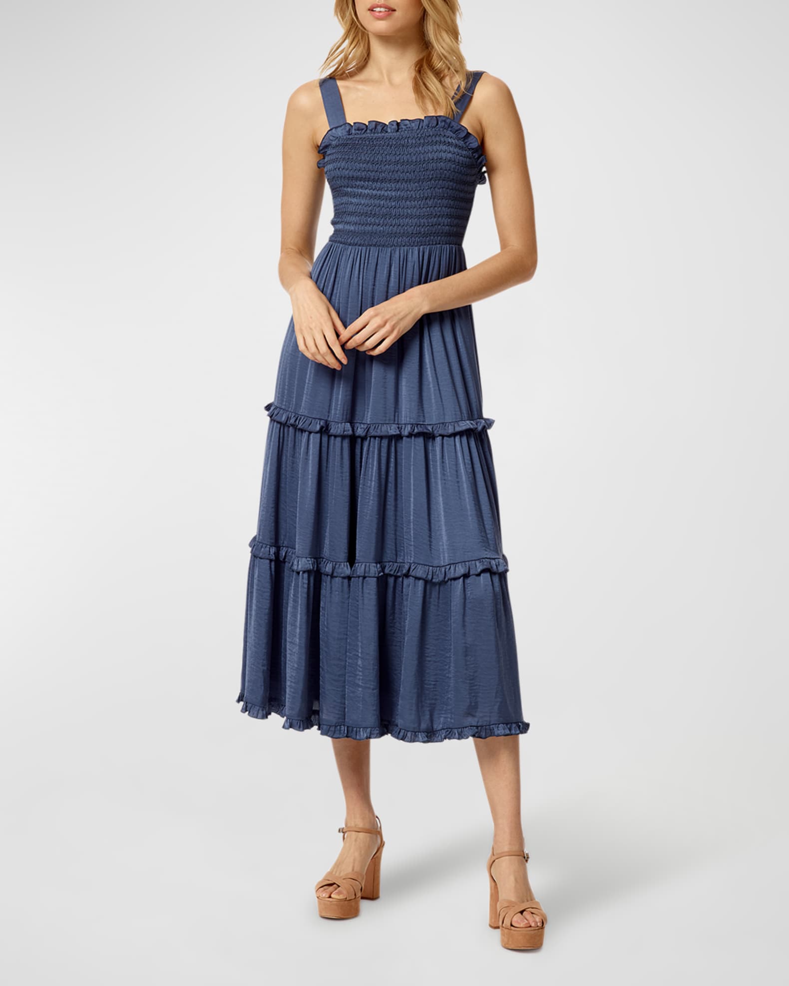 Stellah Ruffle-Trim Smocked-Bodice Midi Dress | Neiman Marcus