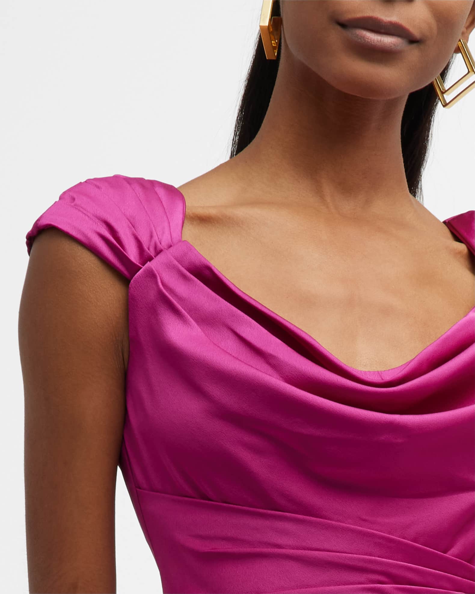 Theia Ellery Pleated Cowl-Neck Cap-Sleeve Dress | Neiman Marcus