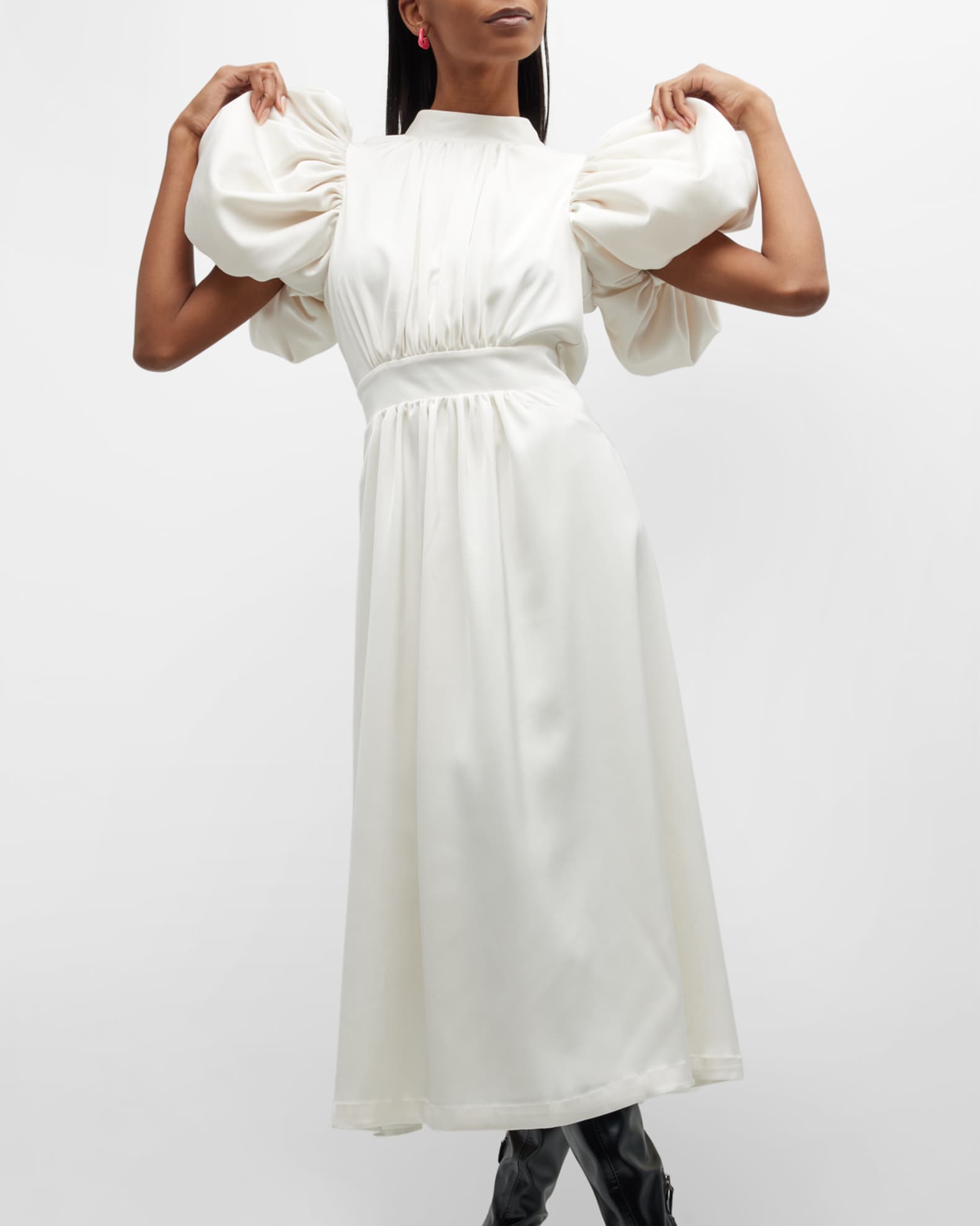 Rotate Birger Christensen Sateen Puffed-Sleeve Midi Dress | Neiman Marcus
