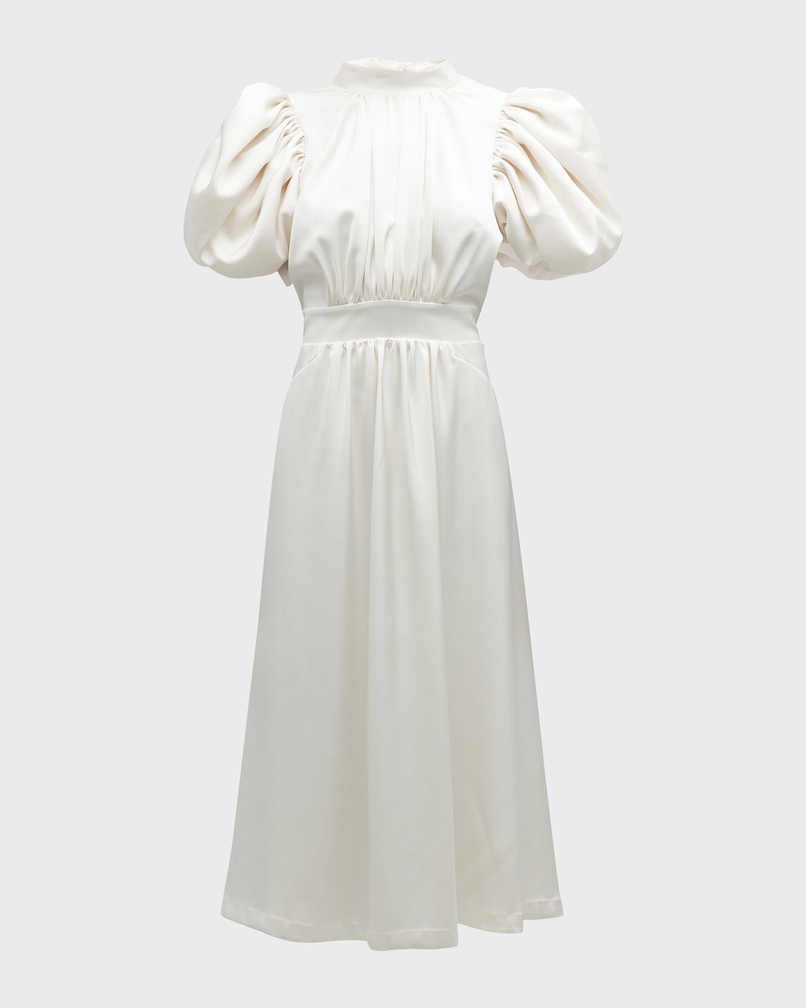 Rotate Birger Christensen Sateen Puffed-Sleeve Midi Dress | Neiman Marcus